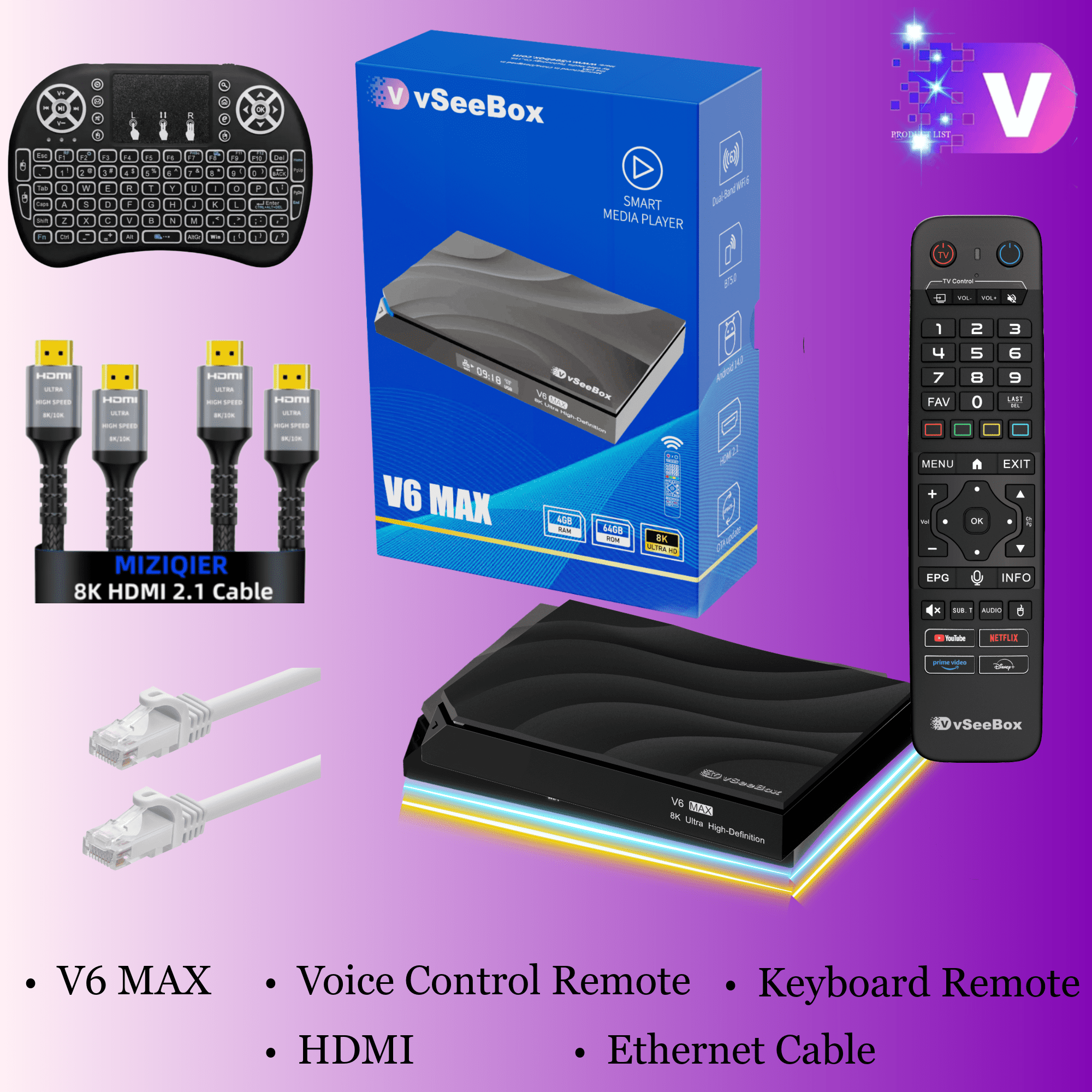 vSeeBox V6 Max 2026 New Max Version Kit with HDMI CableWith Remote ...