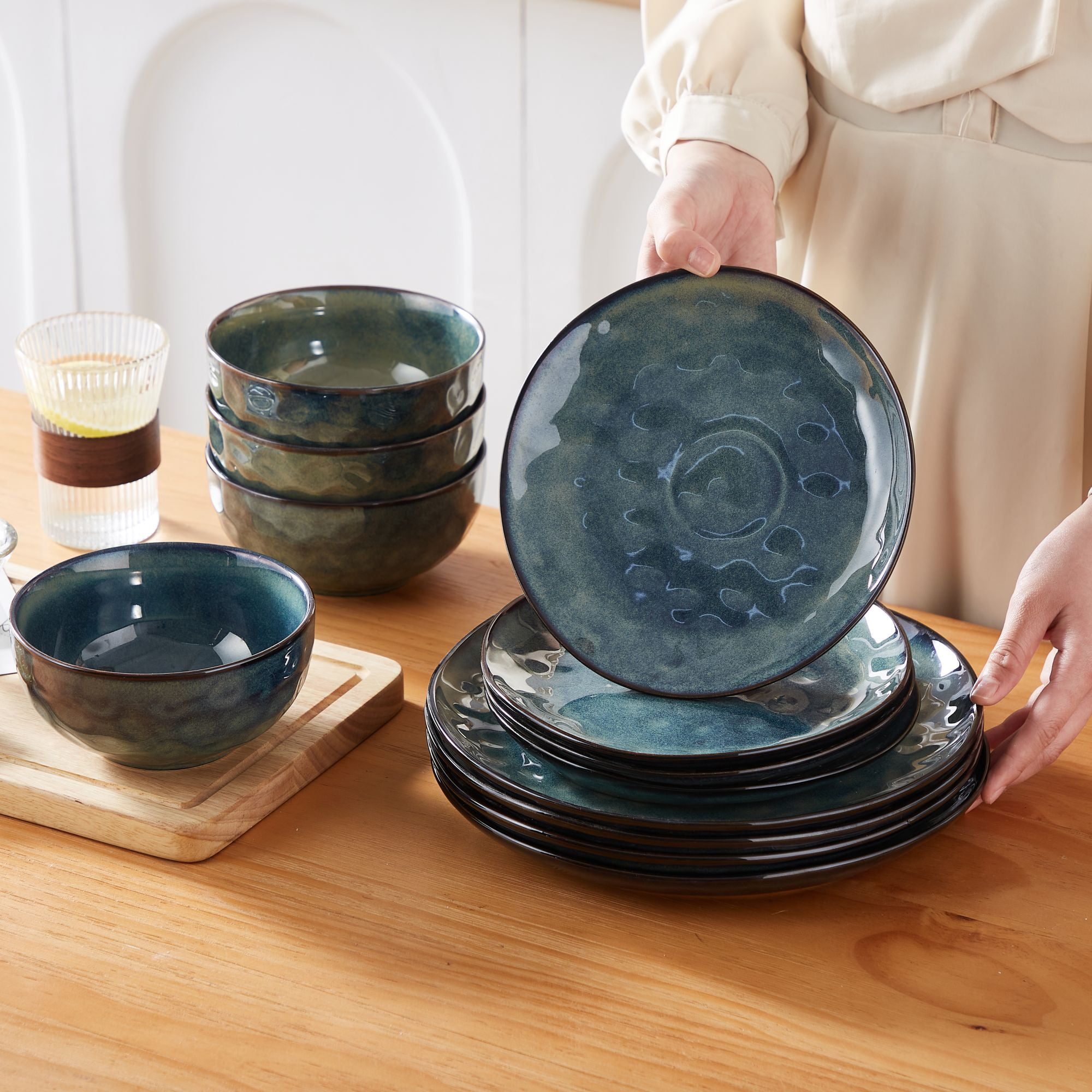 vancasso, 12 Piece Dinnerware Set, Stoneware Tableware Set For 4, Green ...