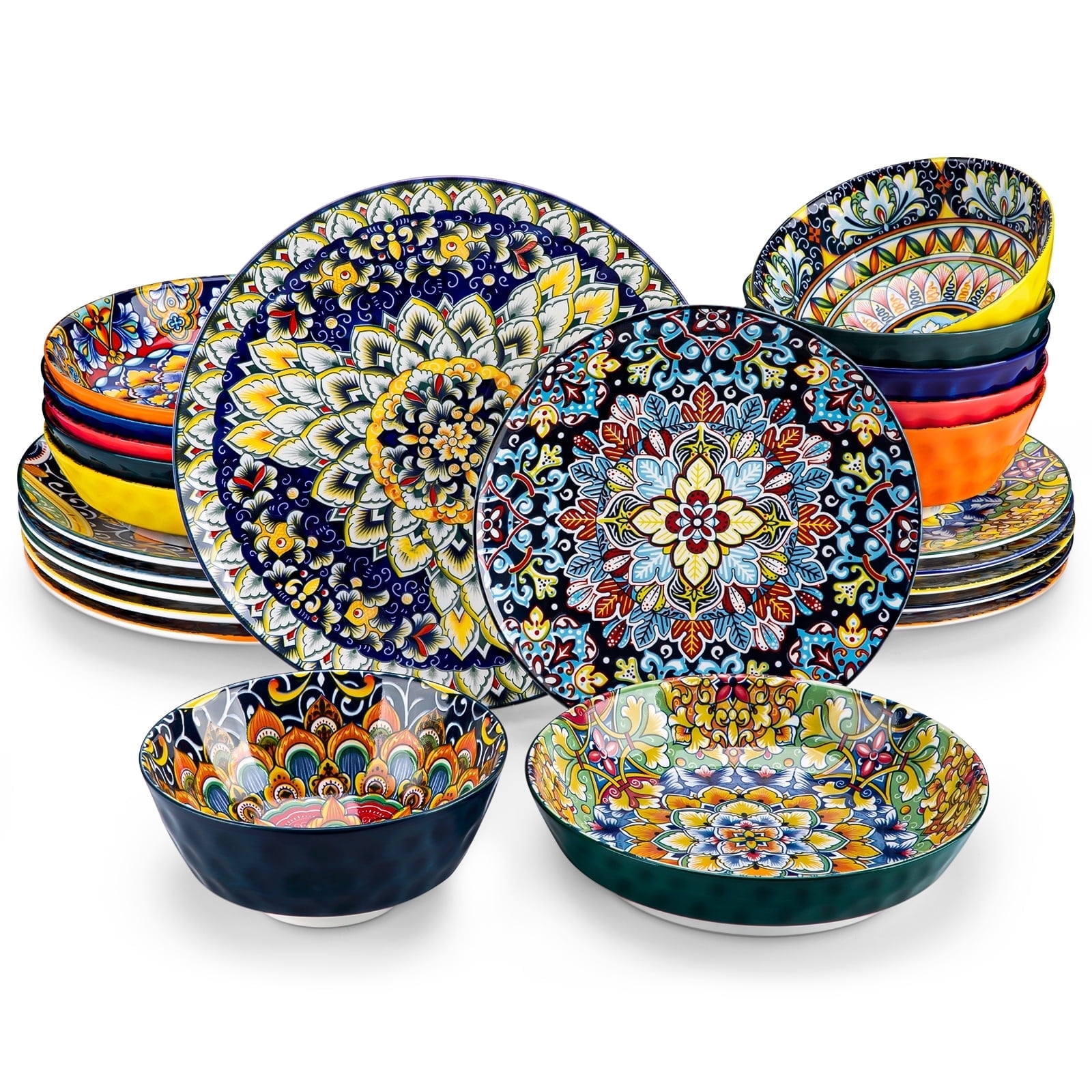 MALACASA 24 PCS Dinnerware Sets, Bohemian Plates and Bowls Set for 6 ...