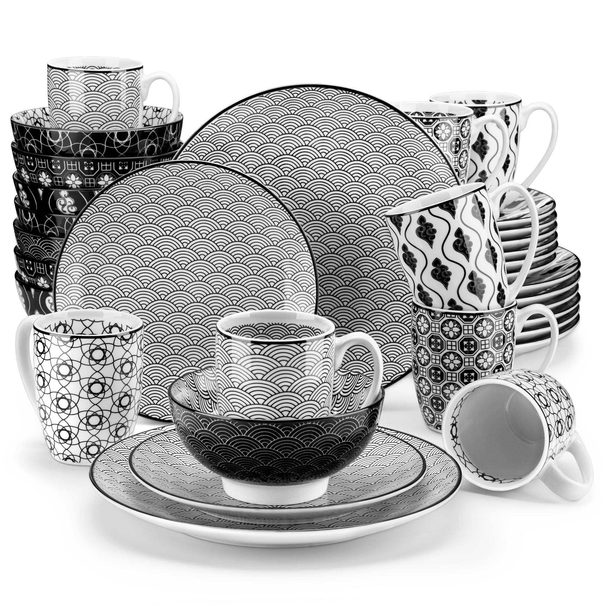 vancasso, 32-Piece Porcelain Dinnerware Set, Black White Dinner Set ...