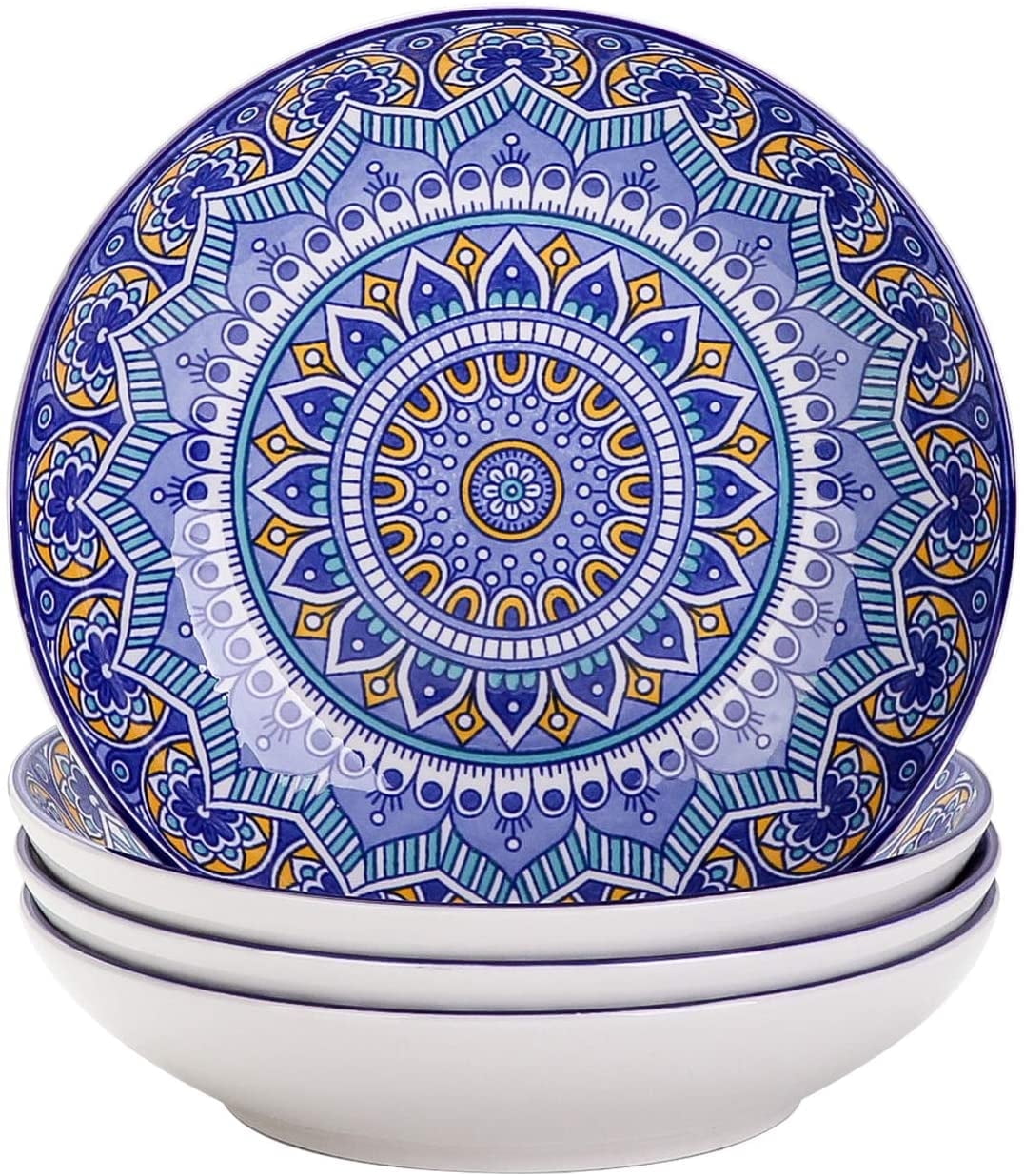 vancasso Mandala Patterned Pasta Bowl Set of 4, Porcelain 8 inch Blue ...