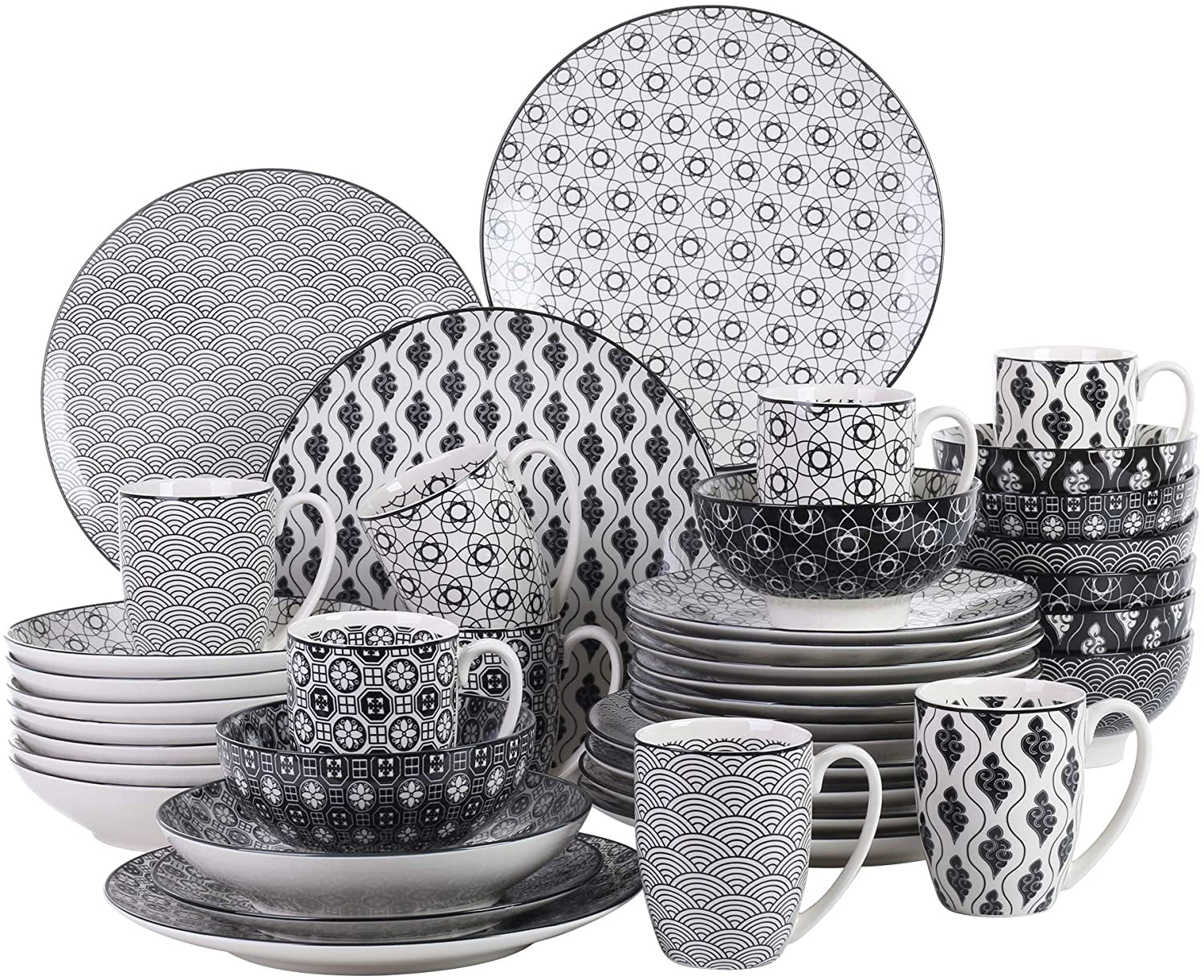 vancasso, Series Haruka, 40-Piece Porcelain Dinnerware Set, Black White ...