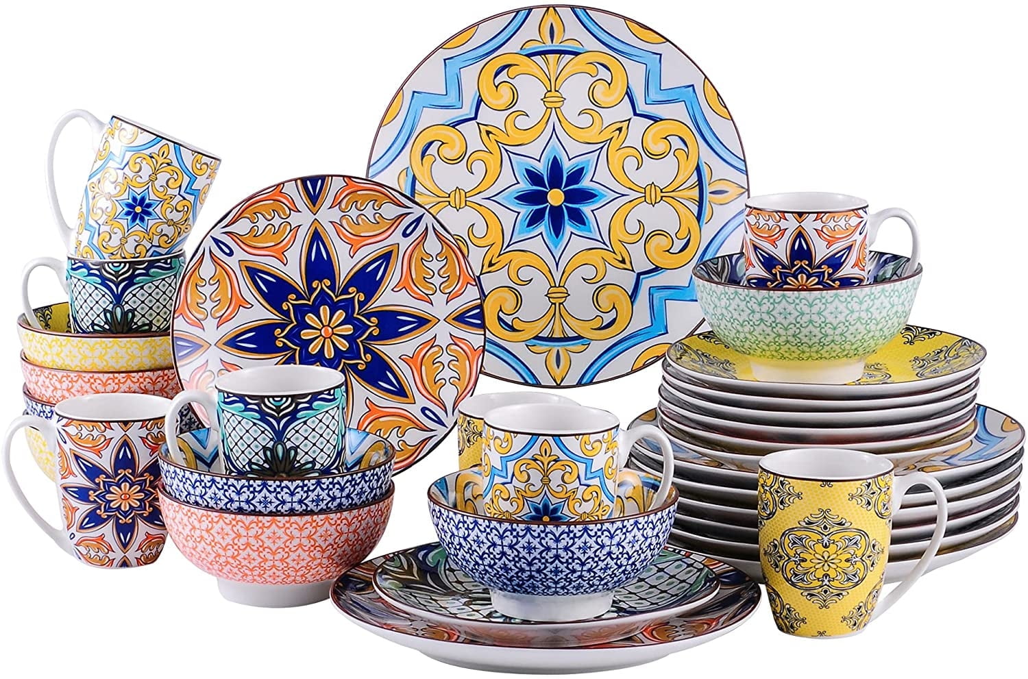 vancasso, 32-Piece Porcelain Dinnerware Set, Multicolour Dinner Set ...