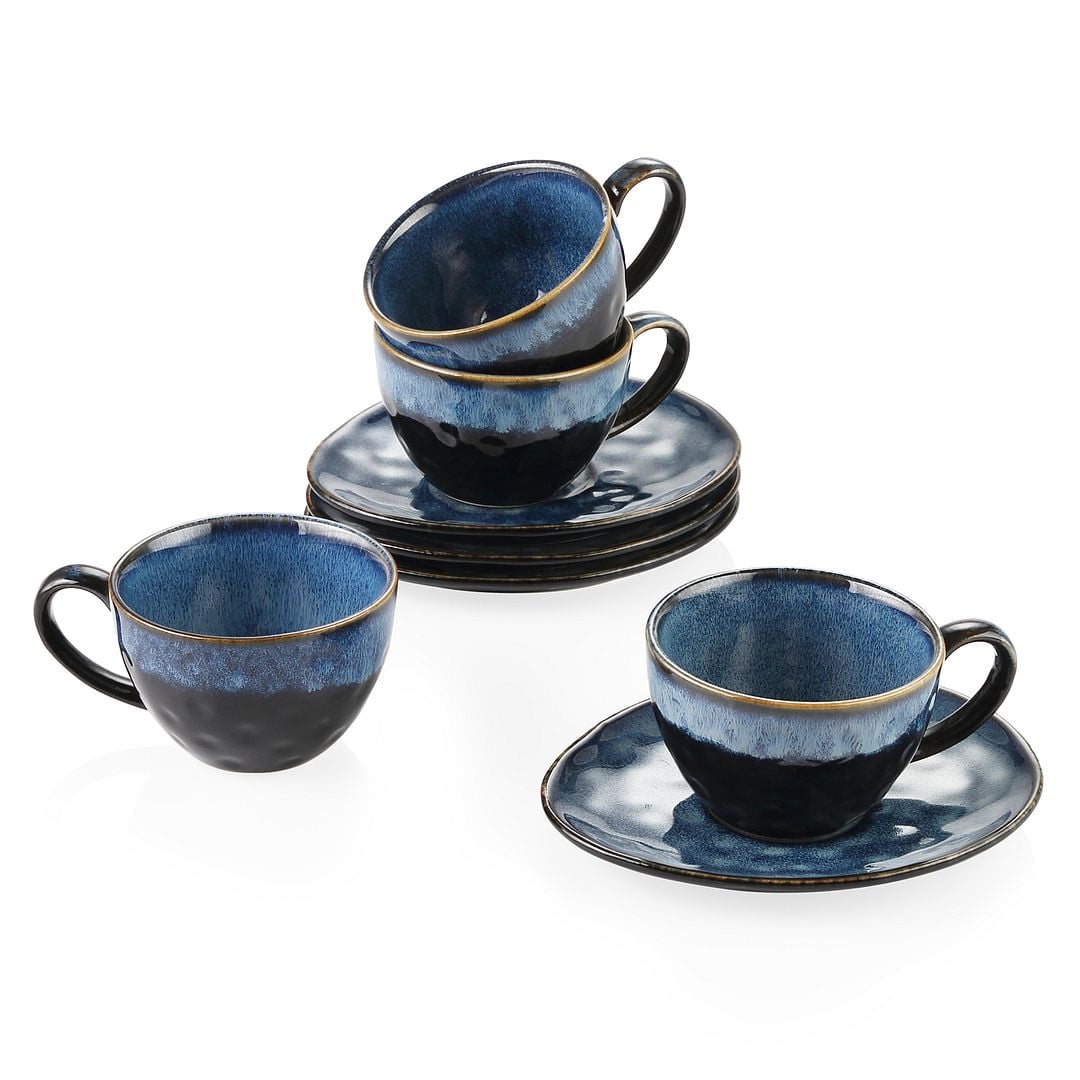 vancasso Starry Blue Cup & Saucer Set of 8 - Pottery Coffee Tea Cup Set ...