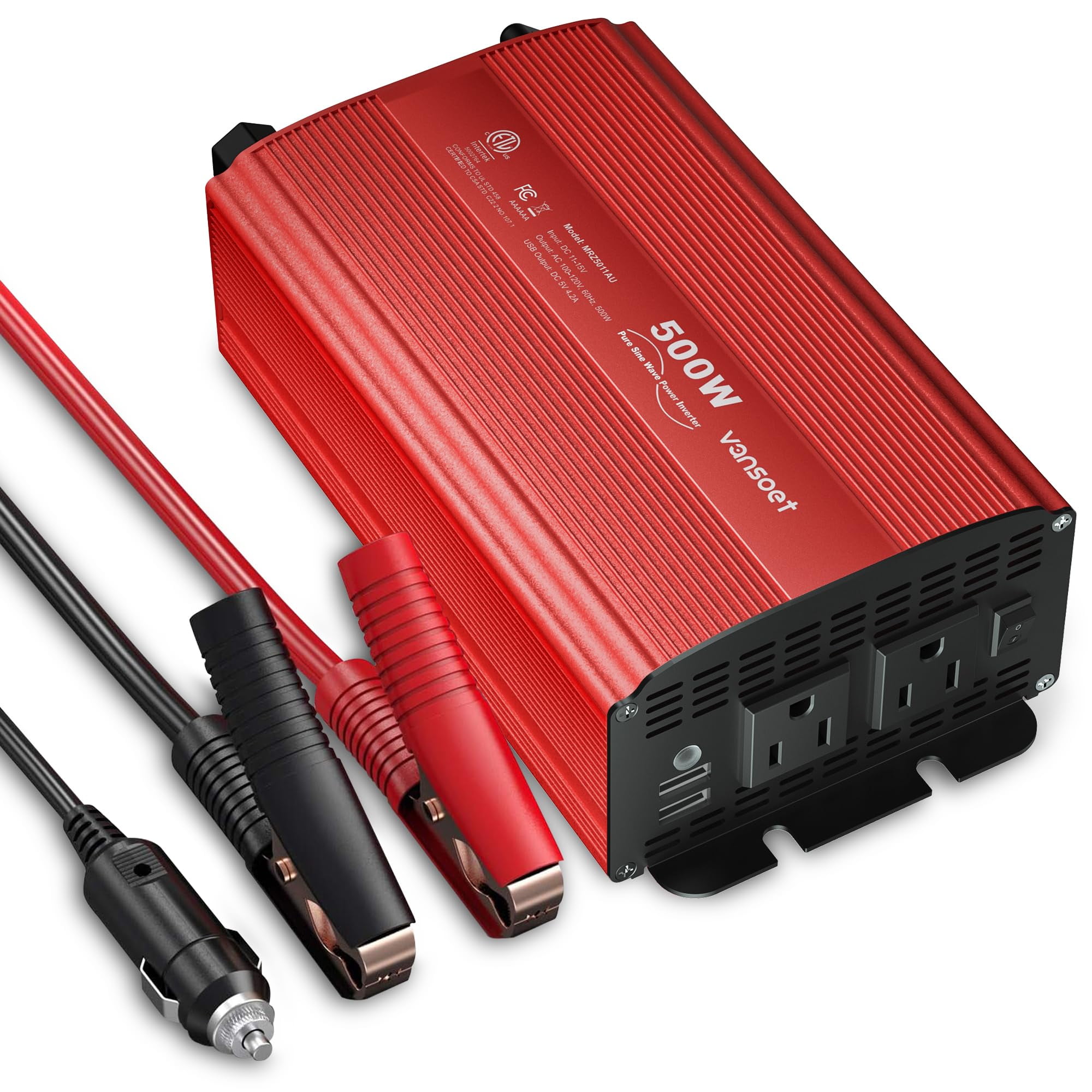 vansoet 500W Pure Sine Wave Power Inverter, DC 12V to 110V AC Car Plug ...