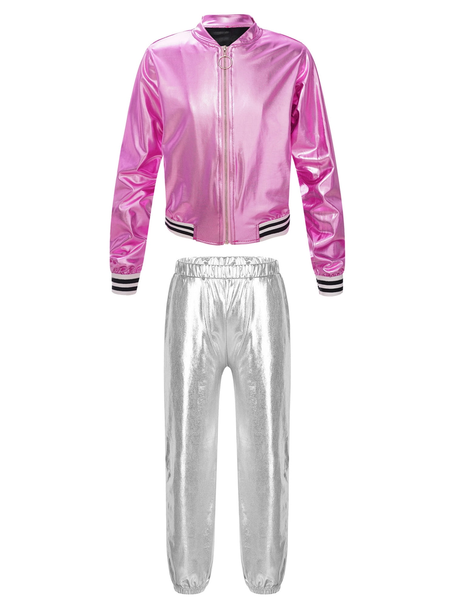 vastwit Kids Girls Dance Outfit Hip Hop Tracksuit Shiny Metallic Jacket ...