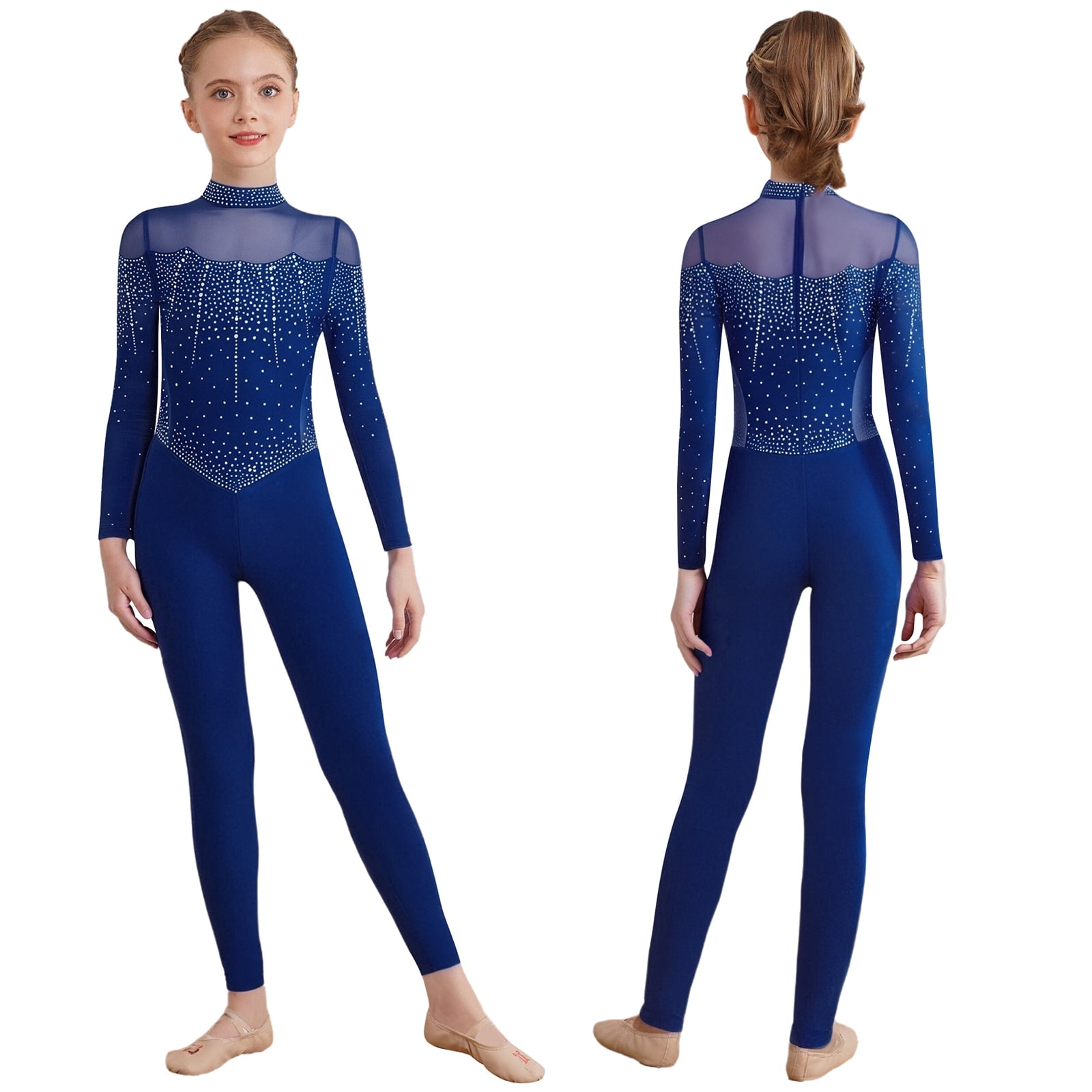 vastwit Kids Girls Dance Unitards Long Sleeve Mesh Rhinestones ...