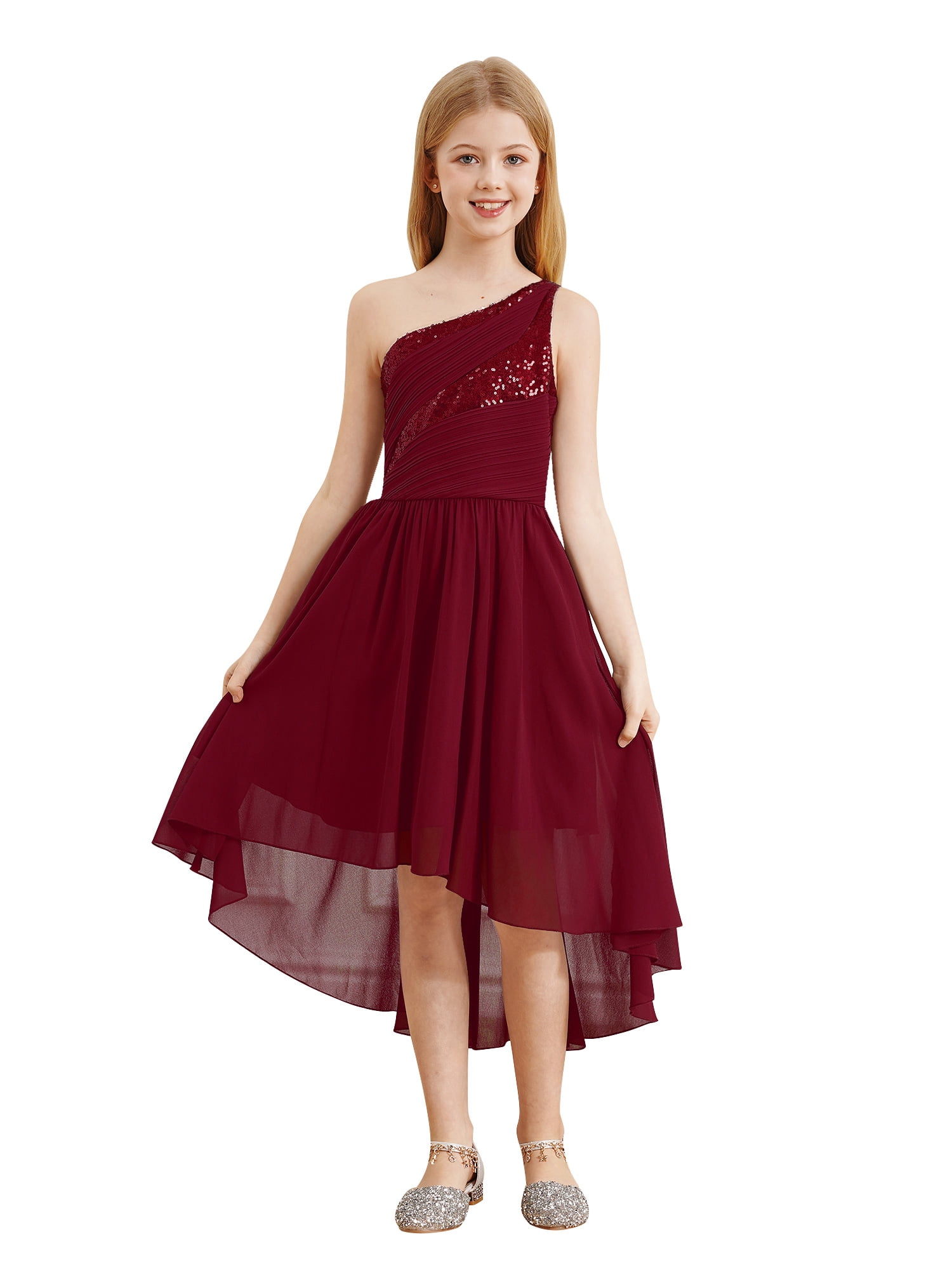 vastwit Kids Girls High Low Dresses One Shoulder Sequins Chiffon ...
