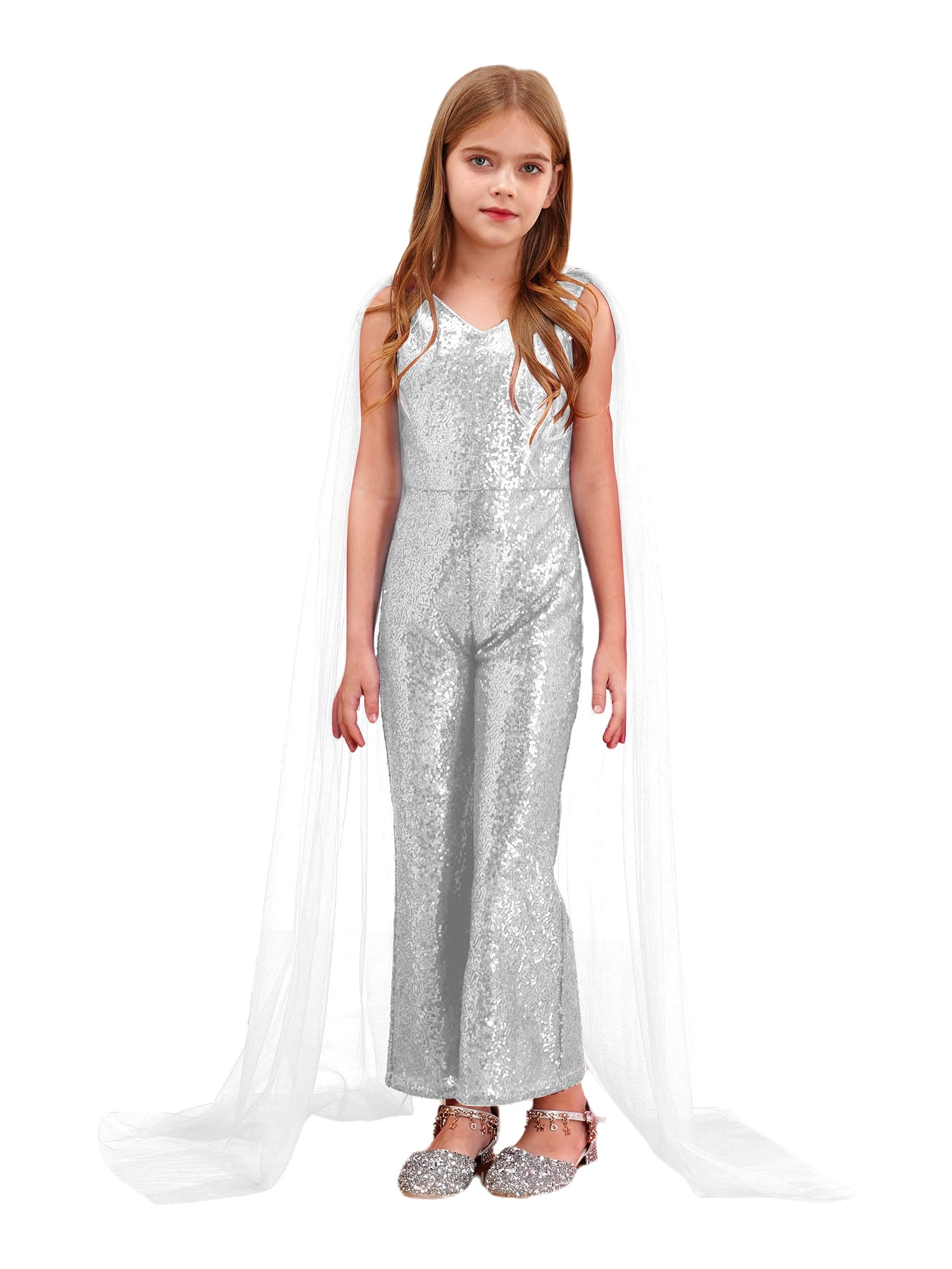 vastwit Kids Girls Sparkly Sequin Romper V Neck Long Tulle Cape Sleeve ...