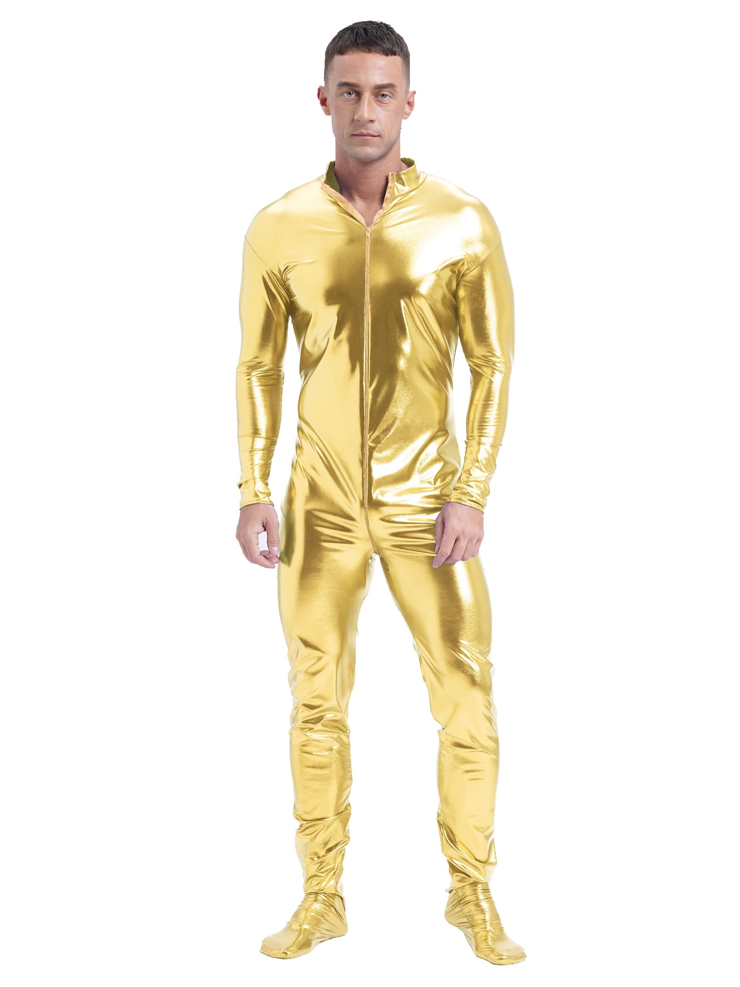 vastwit Men's Shiny Metallic Front Zipper Unitard Mock Neck Long Sleeve ...