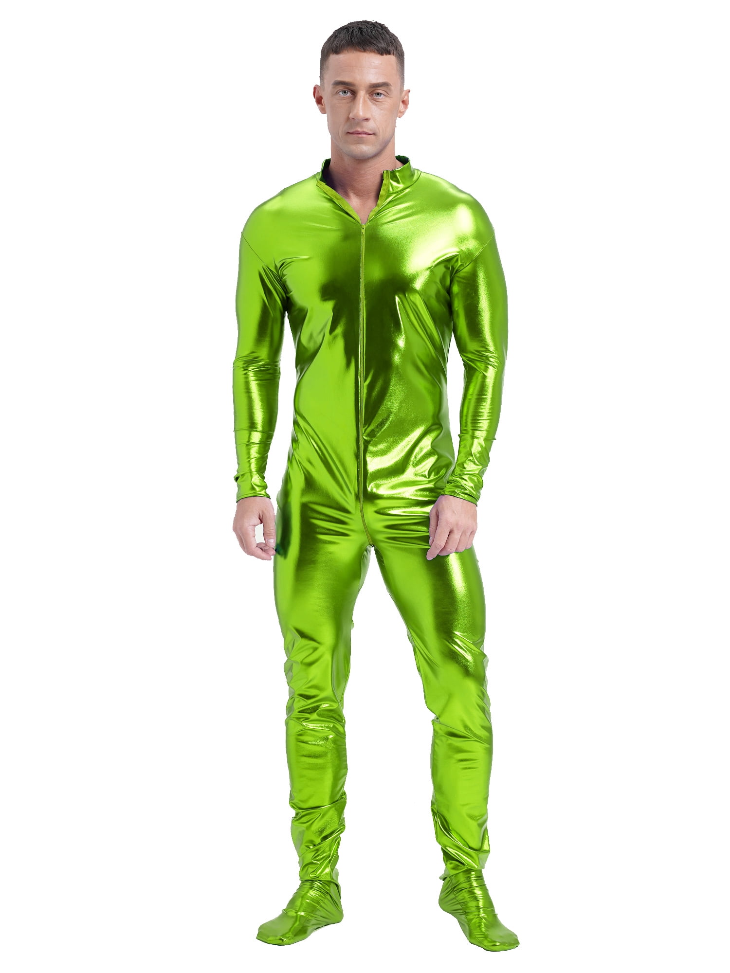 vastwit Men's Shiny Metallic Front Zipper Unitard Mock Neck Long Sleeve ...