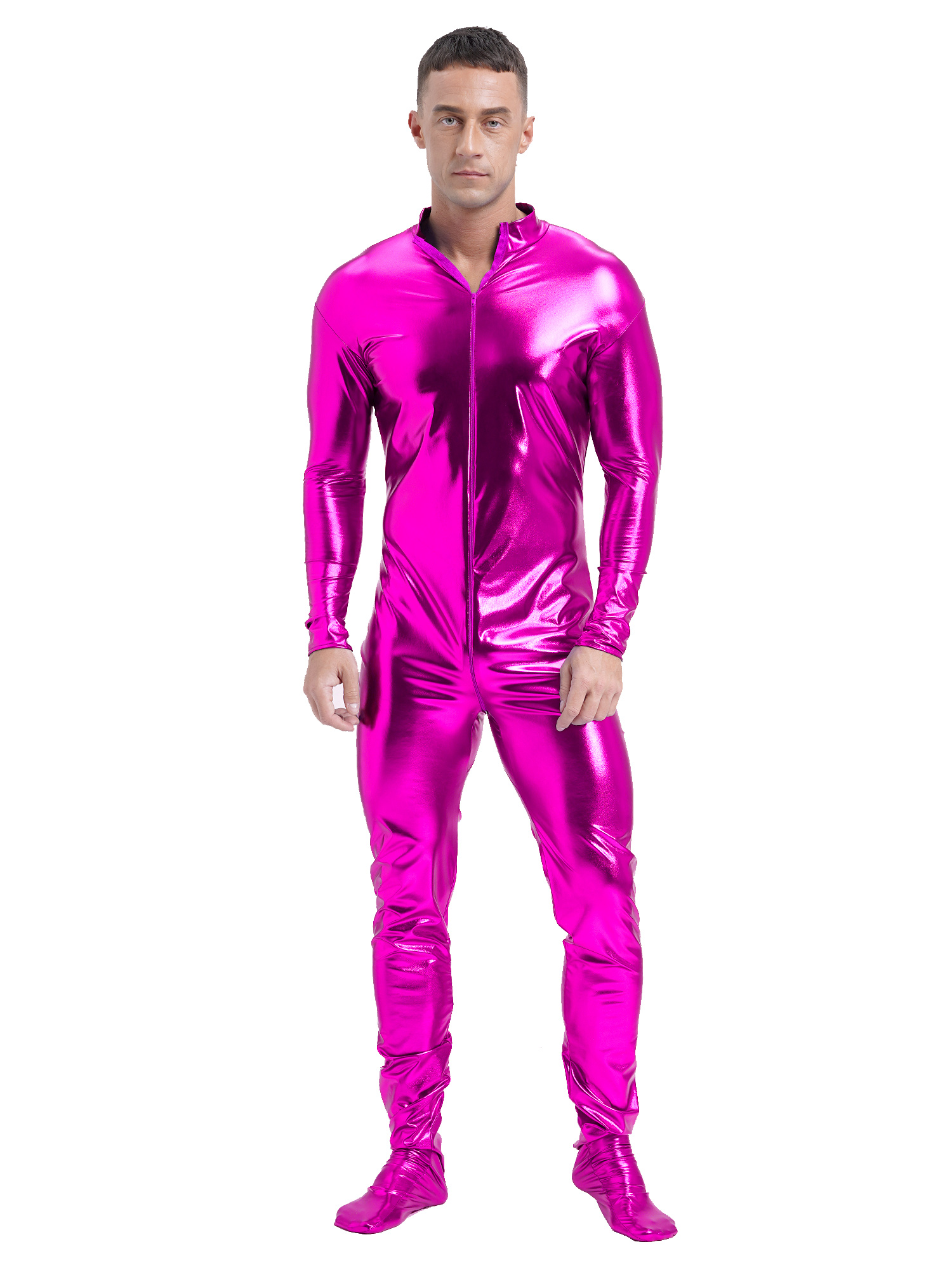vastwit Men's Shiny Metallic Front Zipper Unitard Mock Neck Long Sleeve ...