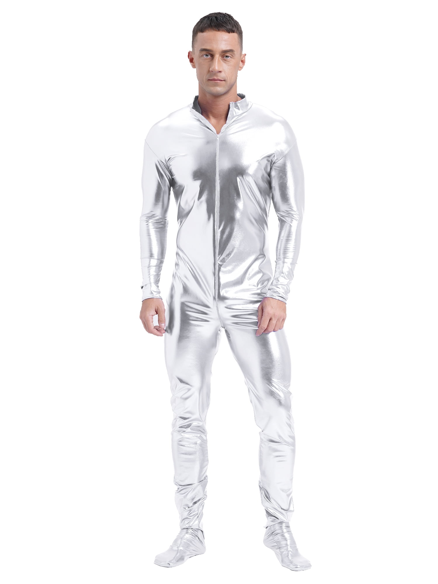 vastwit Men's Shiny Metallic Front Zipper Unitard Mock Neck Long Sleeve ...