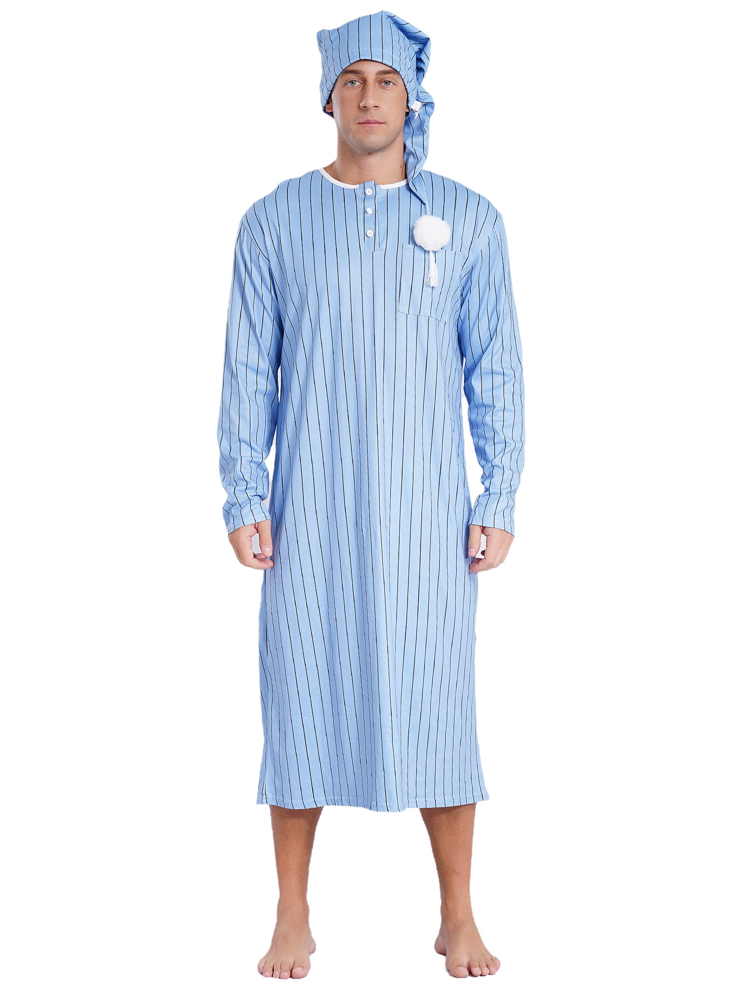 vastwit Men's Soft Loose Sleepwear Striped Nightshirt with Sleeping Cap ...
