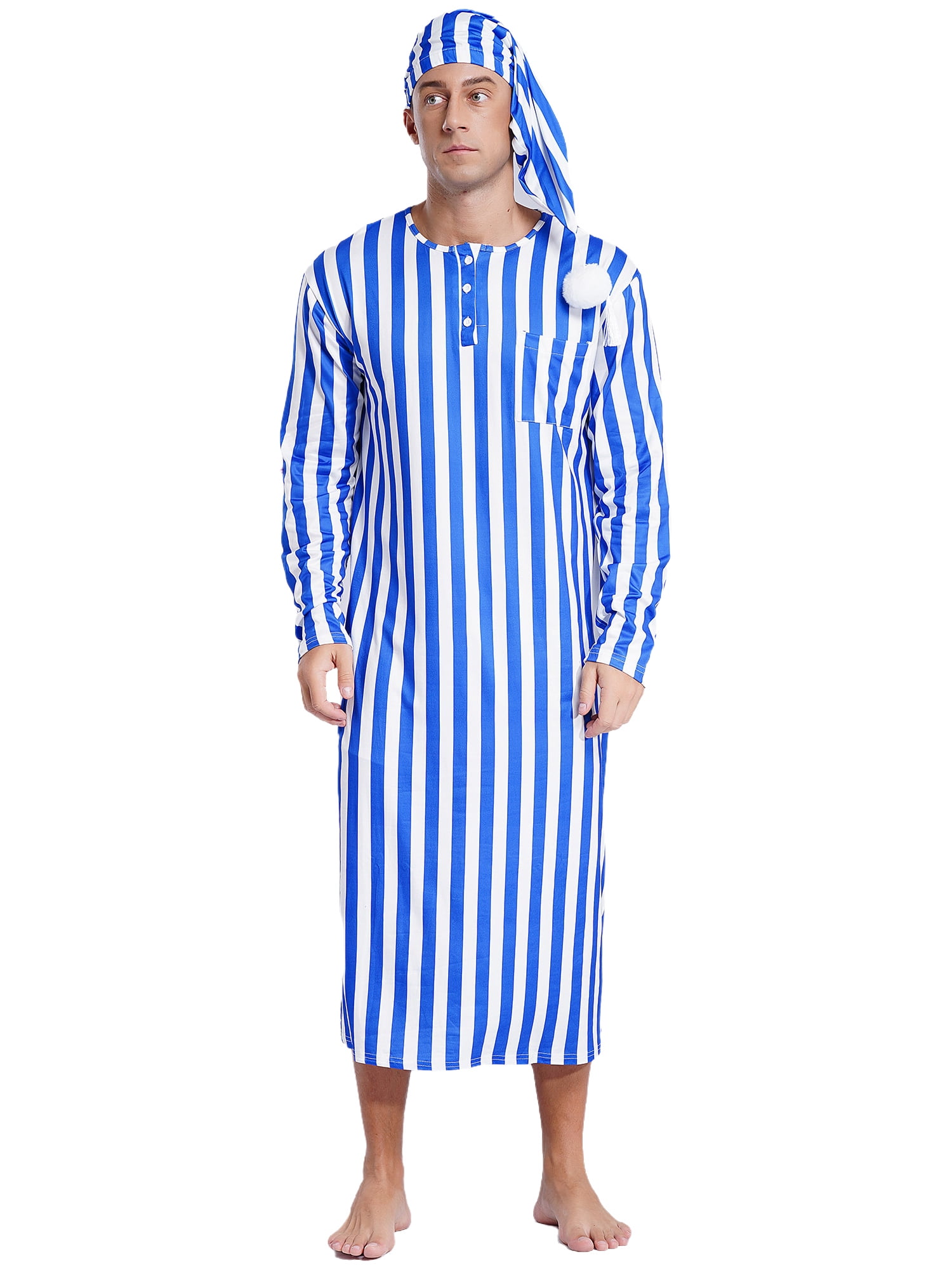 vastwit Men's Soft Loose Sleepwear Striped Nightshirt with Sleeping Cap ...