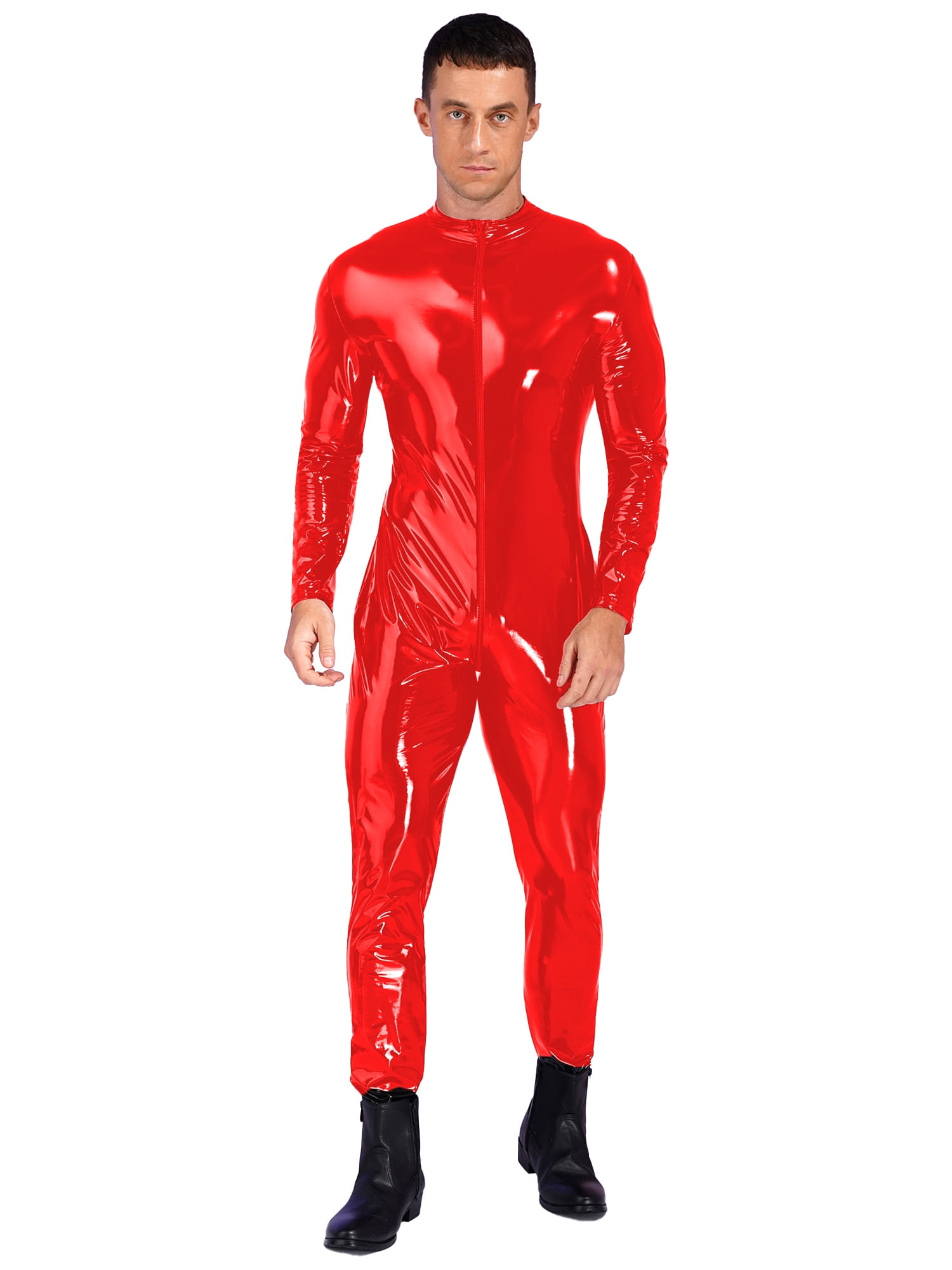 vastwit Men's Wet Look Long Sleeves Catsuit Bodysuits Zipper Full Body ...