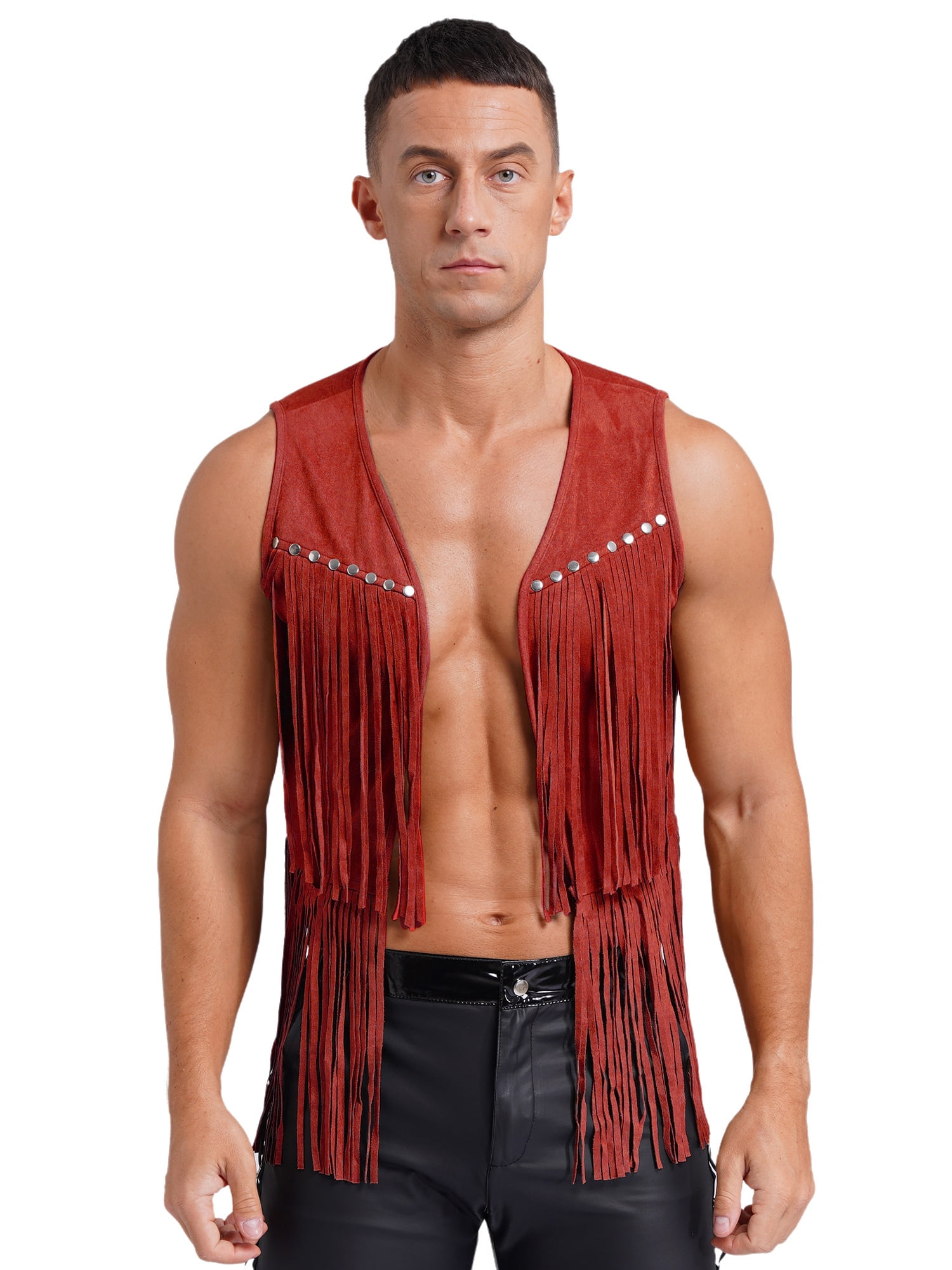 vastwit Mens Rivets Fringe Open Front Vest Sleeveless Faux Suede Tassel ...