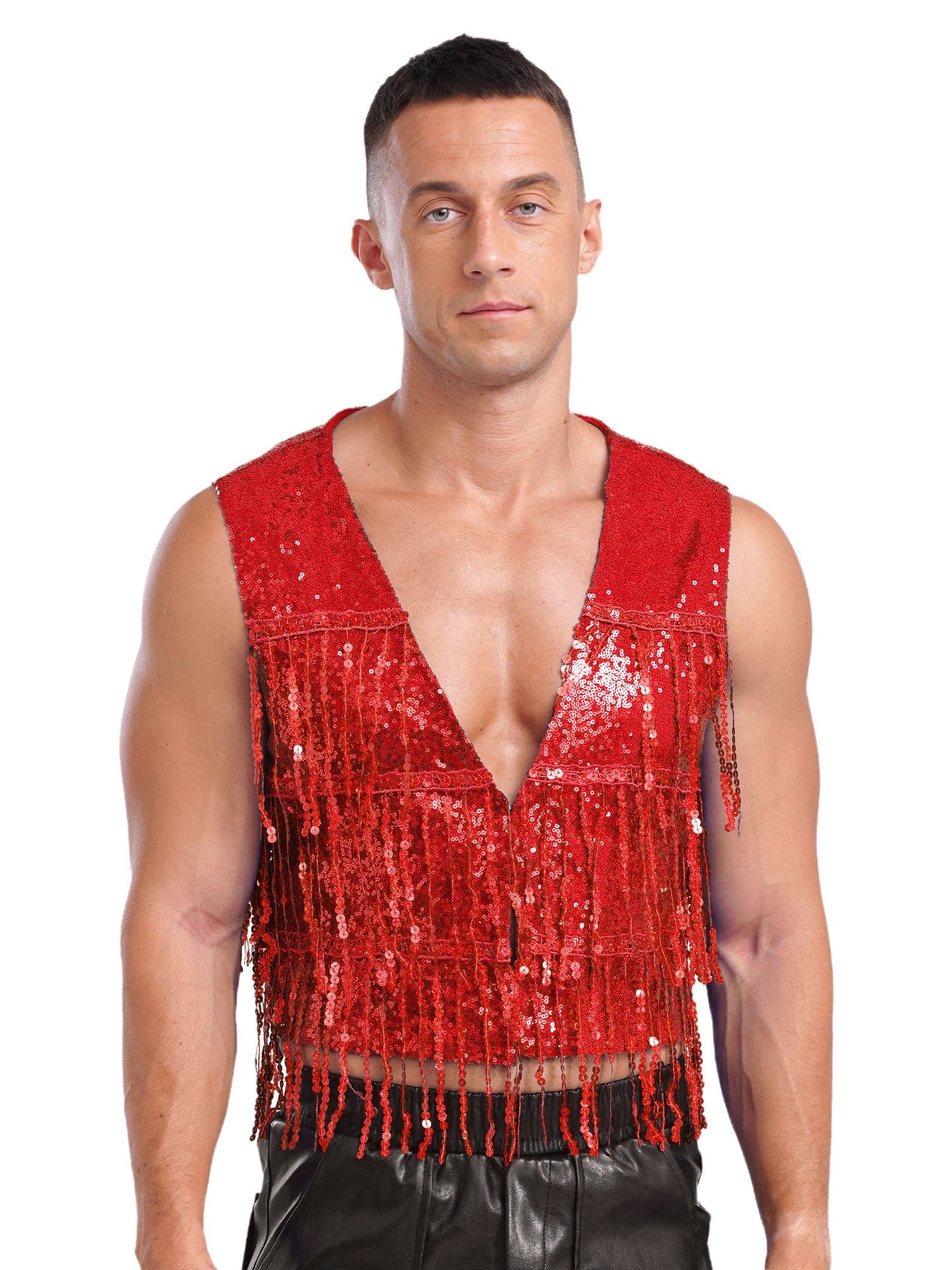 vastwit Mens Sparkly Sequin Fringe Vest Open Front Waistcoat Sleeveless ...