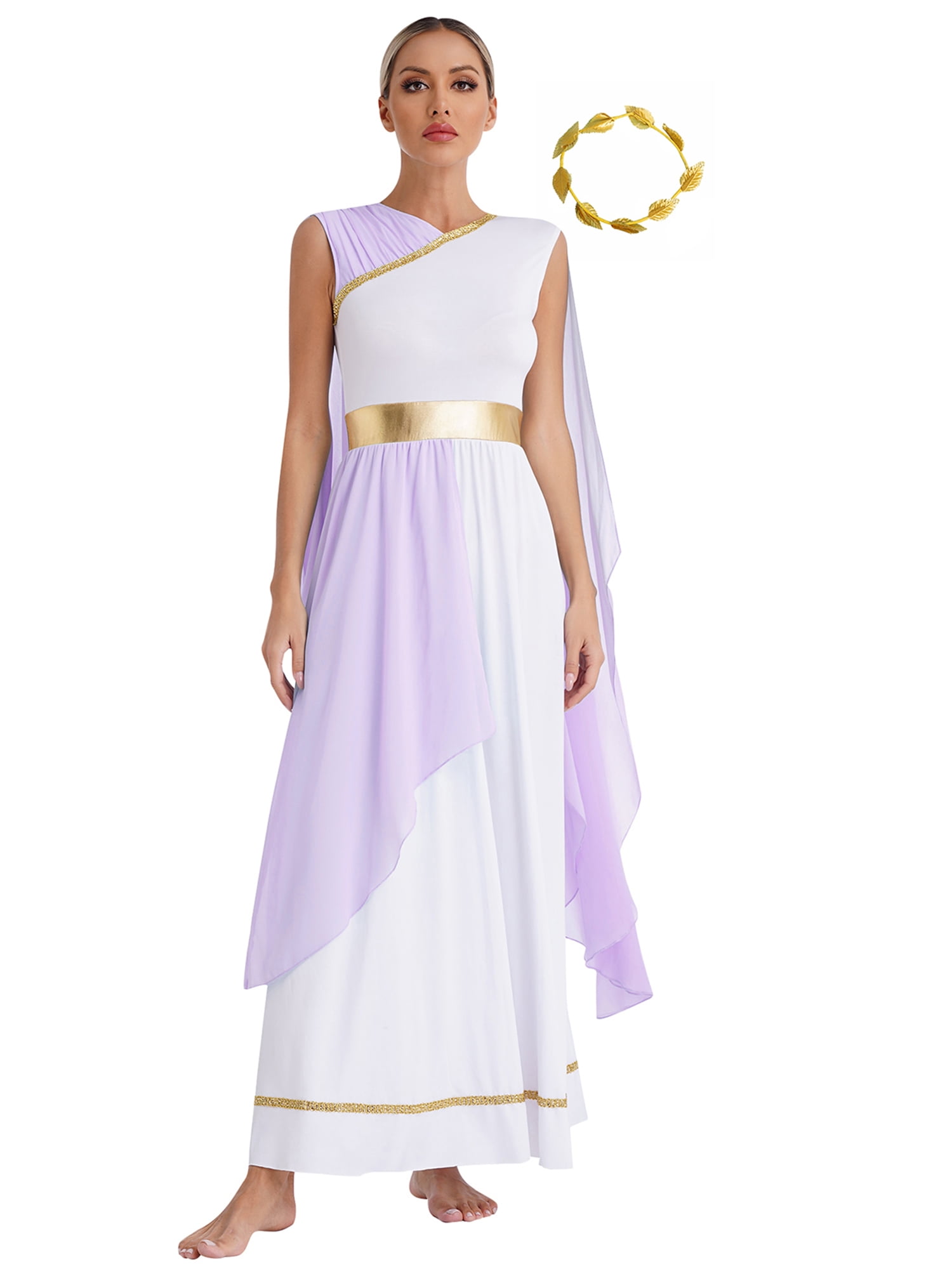 vastwit Woman Greek Beauty Toga Dress Empress Athena Golden Trim Dress with Headwear Lavender M ...