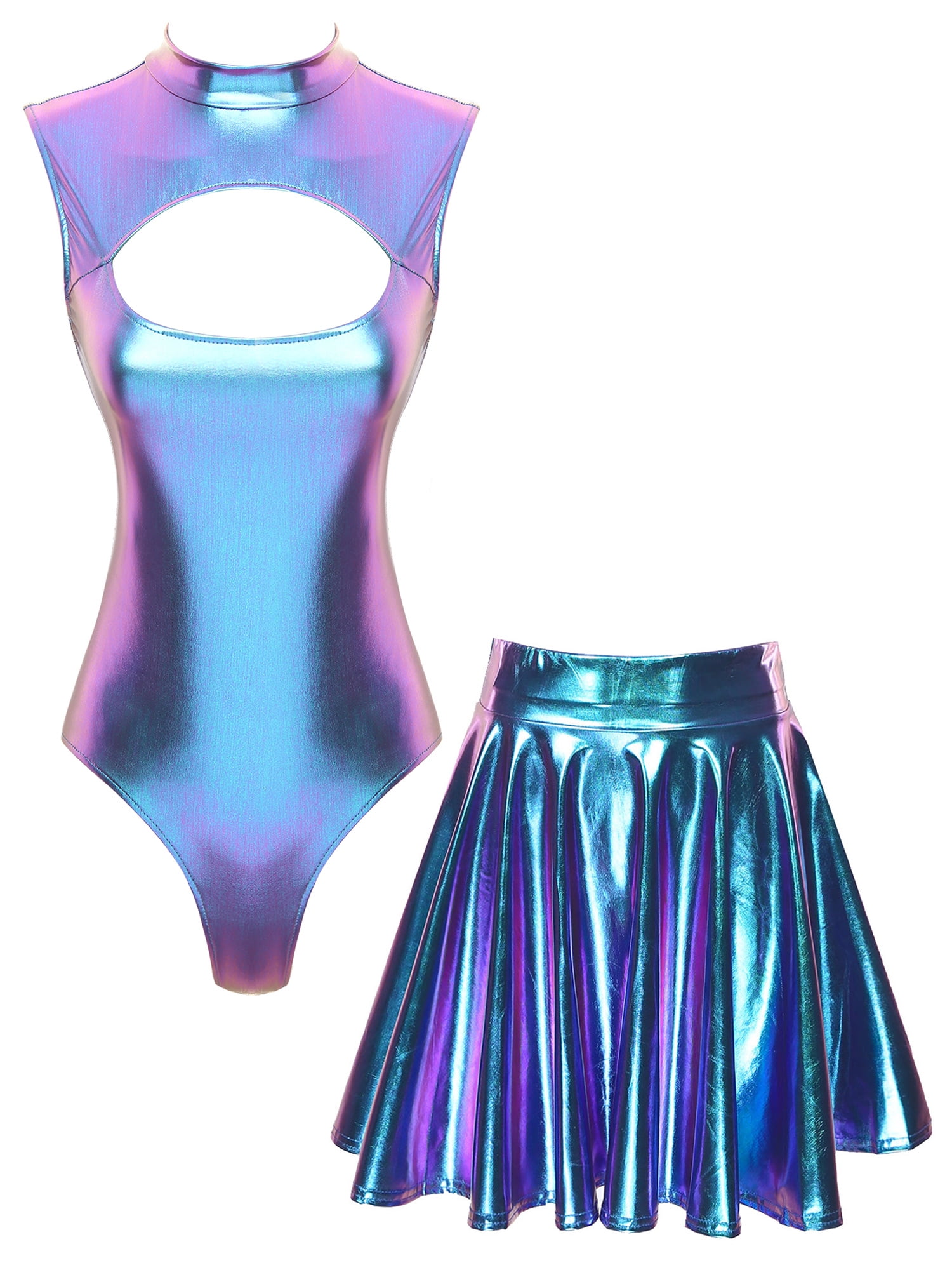 vastwit Women Rave Outfit Sets 2 Pcs Holographic Bodysuits with Mini ...