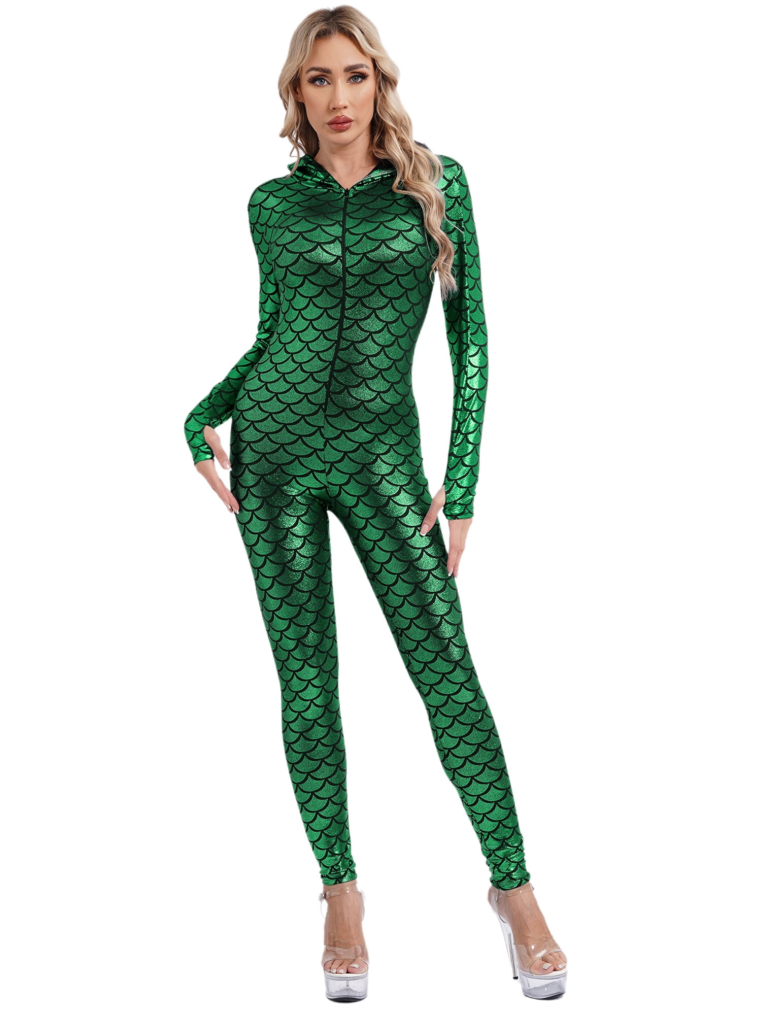 vastwit Women Shiny Metallic Fishscale Hooded Unitard Full Body Mermaid ...