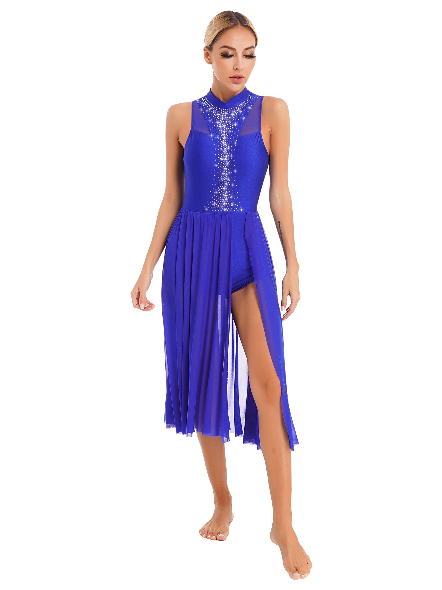 vastwit Women's Ballroom Lyrical Dance Costumes Sleeveless Rhinestone Leotard Split Mesh Long ...