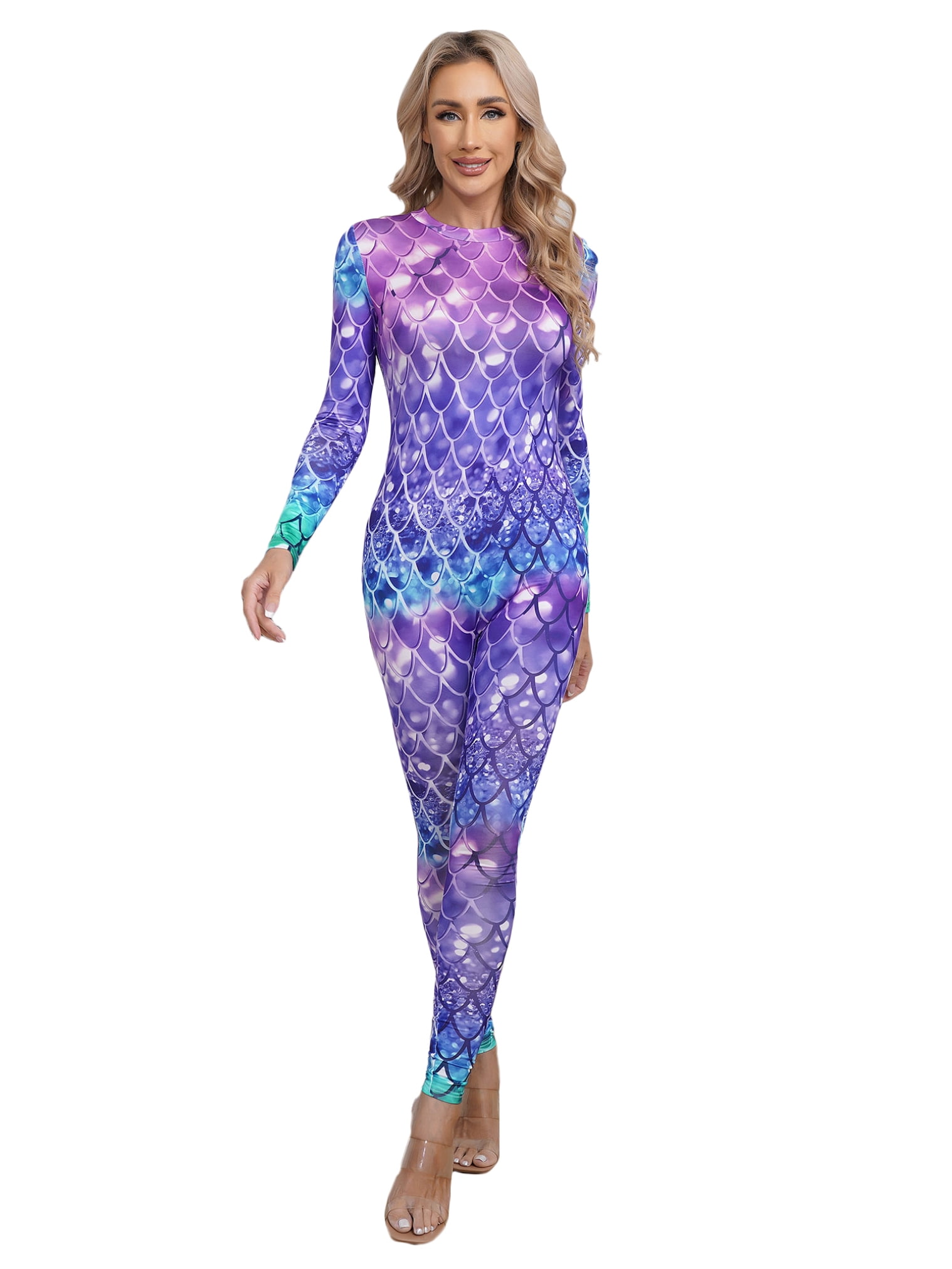 vastwit Women's Mermaid Jumpsuit Fish Scale Print Long Sleeve Bodycon ...