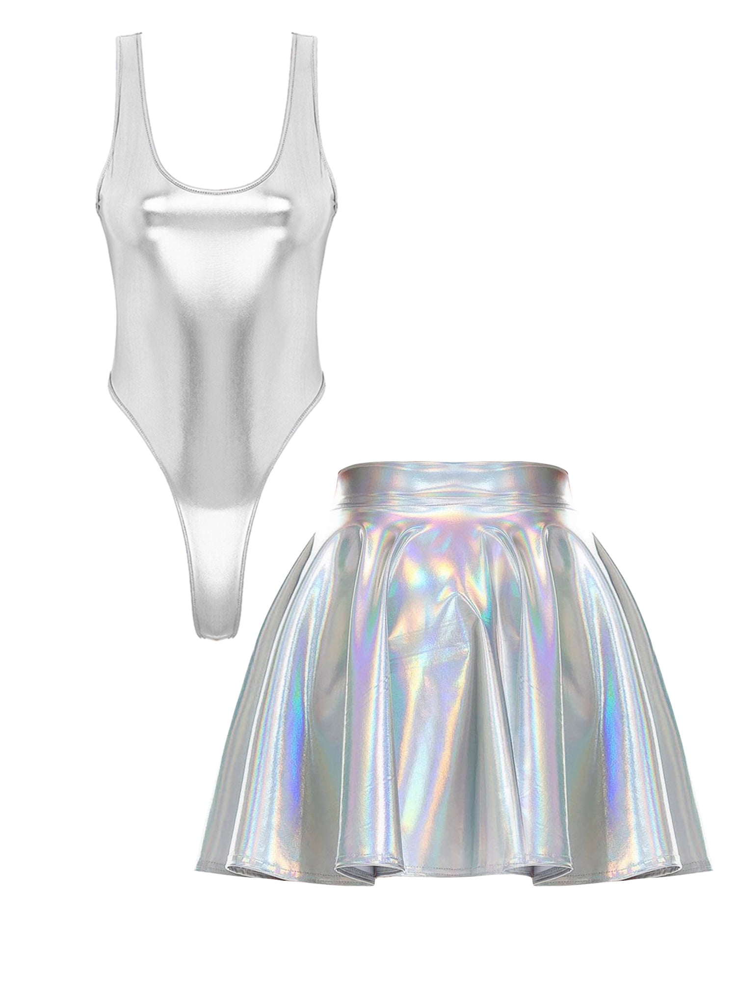 vastwit Women's Metallic Shiny Rave Outfits Sleeveless Dance Leotard ...