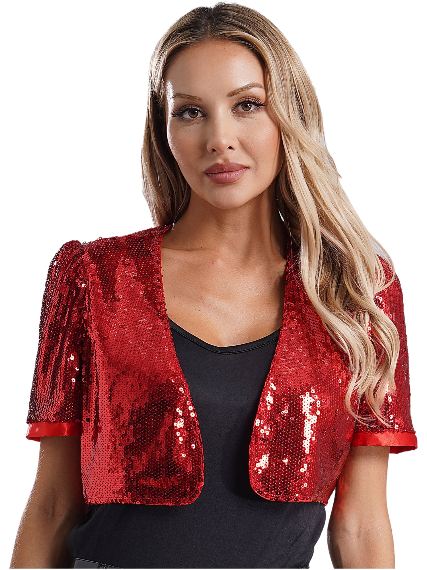 vastwit Women's Shiny Sequin Bolero Shrug Tops Short Sleeve Open Front ...