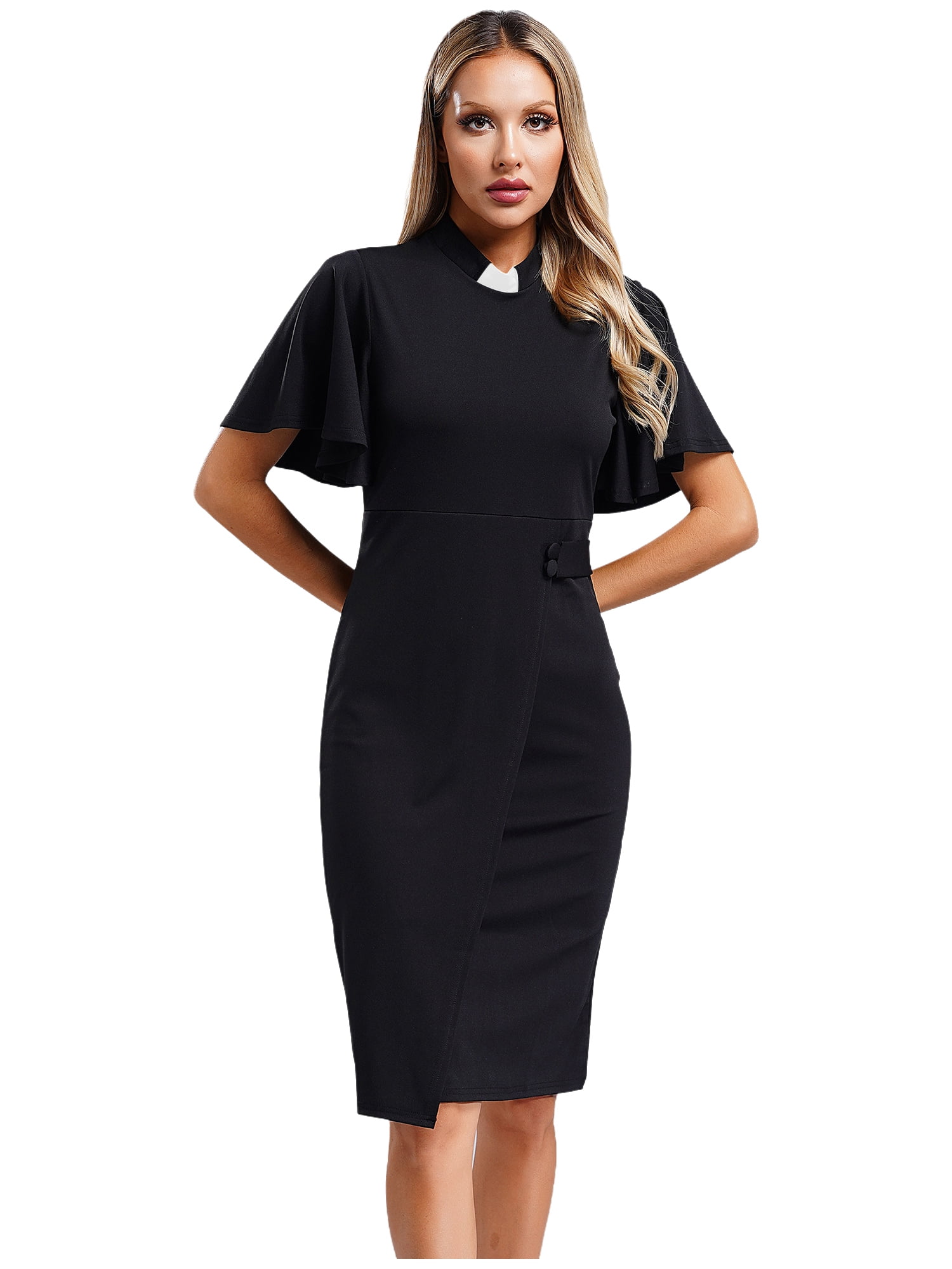 vastwit Womens Church Clergy Tab Insert Collar Black Mass Pencil Dress ...