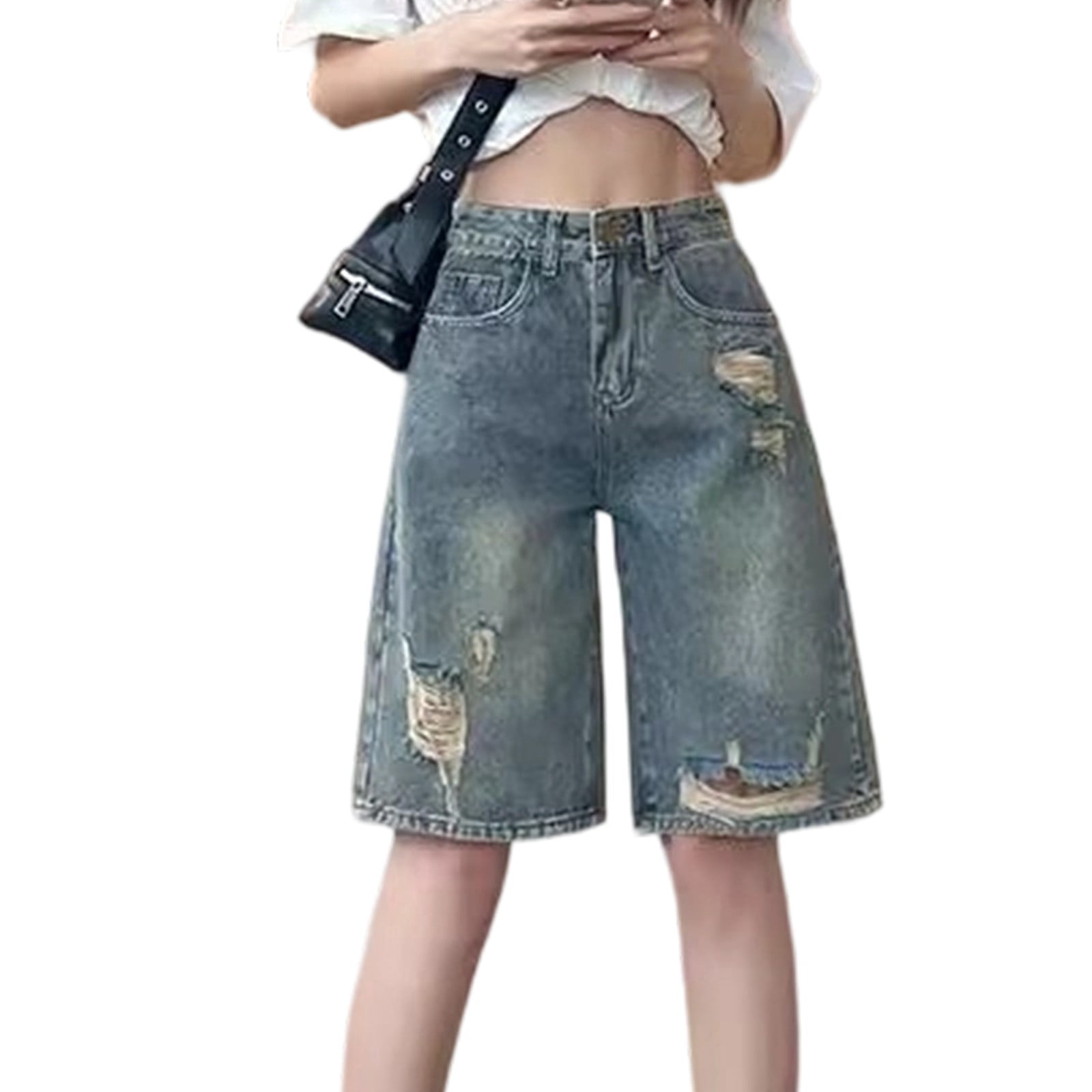vauyc Denim Jeans —— Ladies' Cement Gray Ripped Capri Jeans Large Size ...