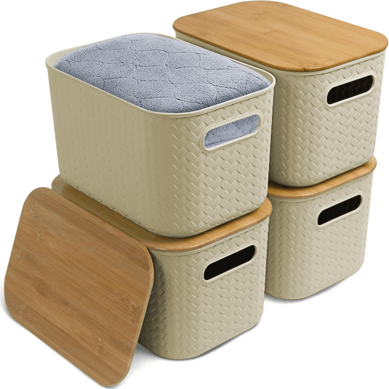 vbfgybxny 4 Packs Plastic Storage Bins with Bamboo Lids Stackable ...