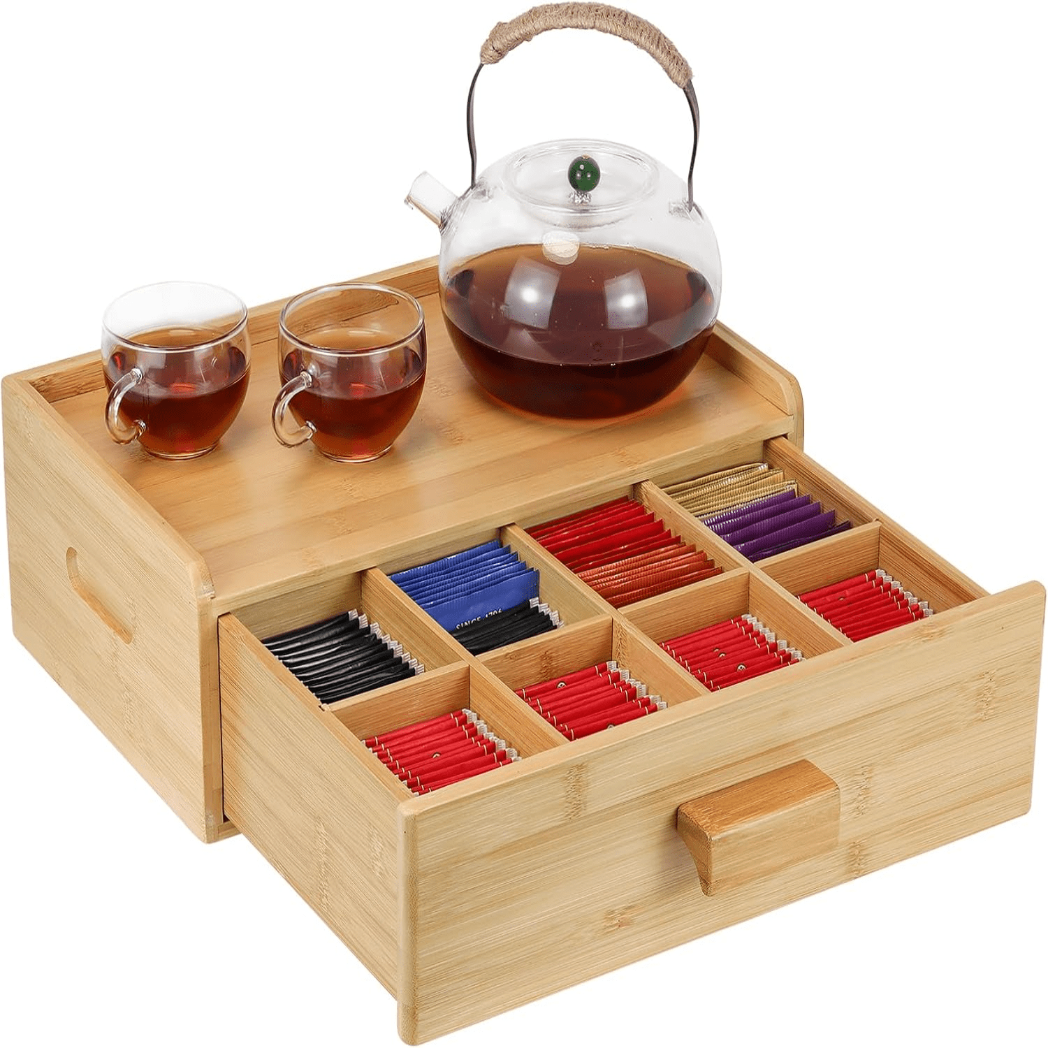 vbfgybxny Bamboo Tea Bag Organizer Slide Drawer Storage with 8 ...