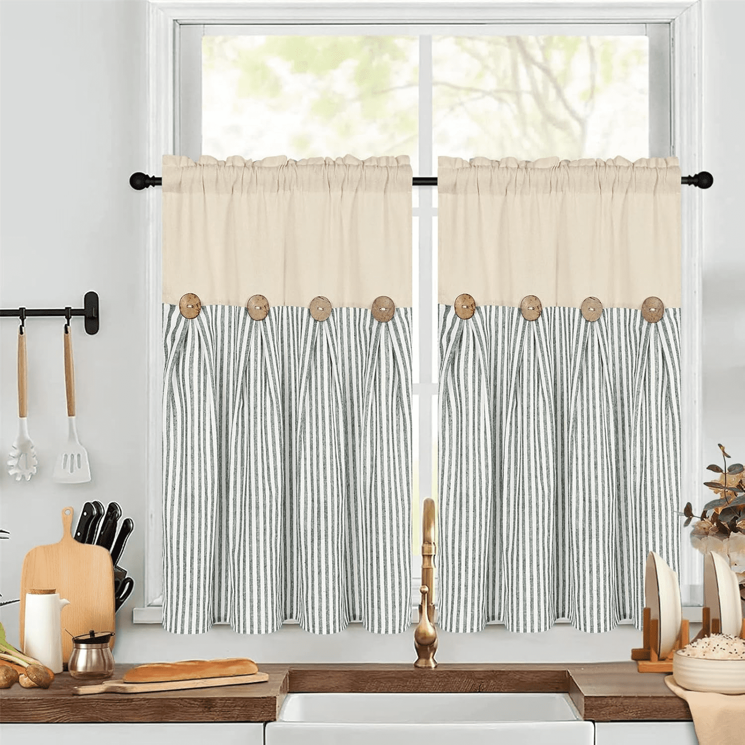 vbfgybxny Cotton DXQPIOA Farmhouse Curtains Boho Rustic Button Curtains ...