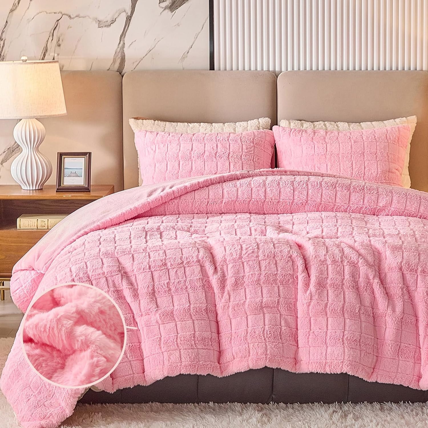 vbfgybxny Queen Size Faux Fur Comforter Set - 3 Pieces Fluffy Stripes ...