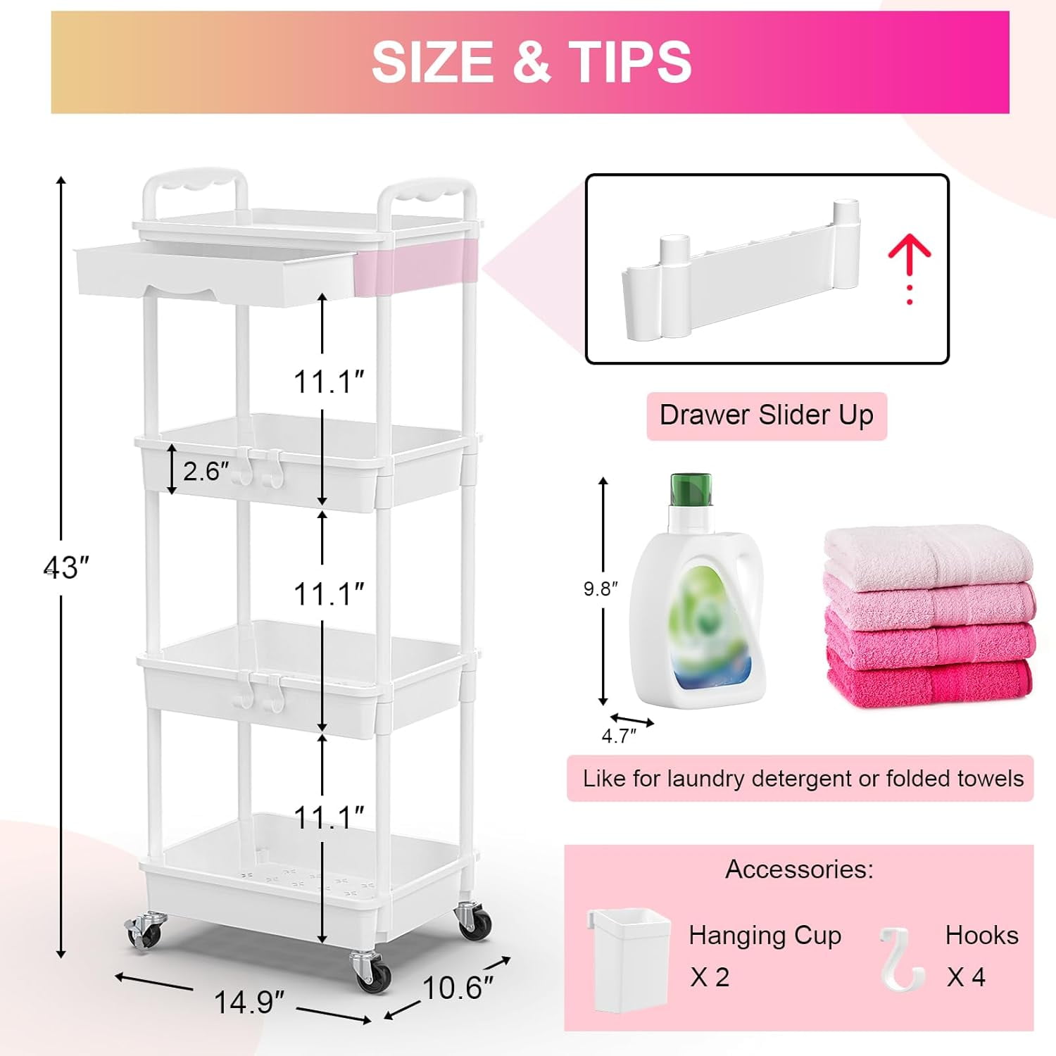 vbghyujn 3 Tier Rolling Utility Cart Organizer with Removable Drawer ...