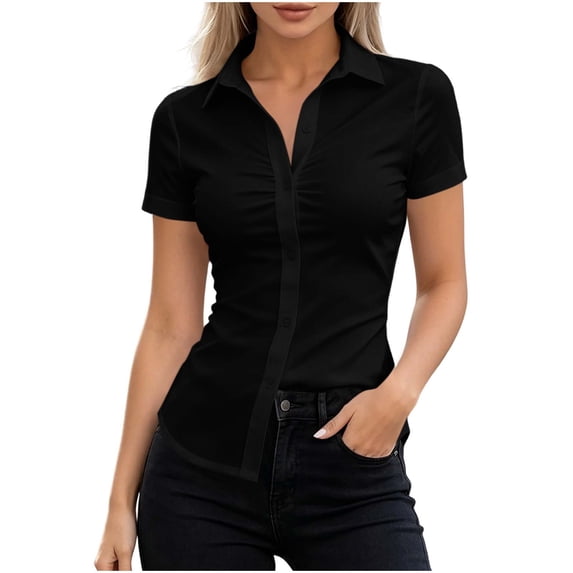 vdgthytj Button down Shirts for Women Lapel Collared Trim Waist Short ...