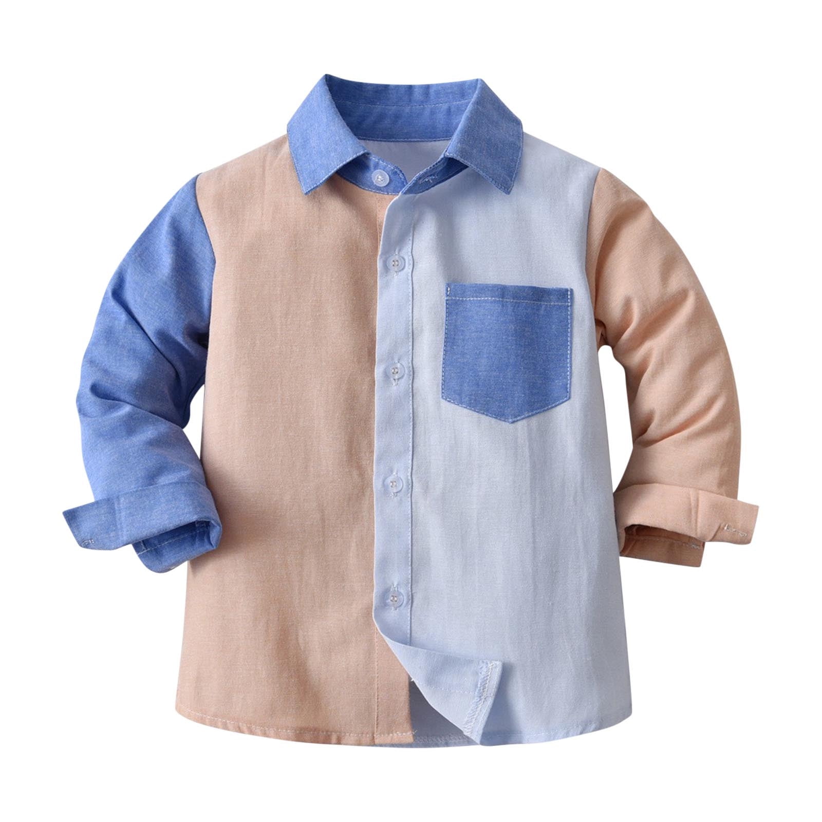 vdgthytj Children's Button down Shirts Kids Color Block Lapel Long ...