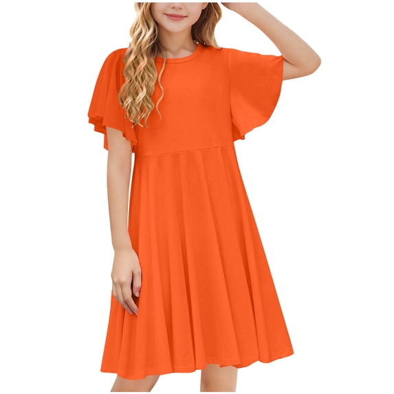 vdgthytj Girls Summer Dress Ruffle Short Sleeve Crewneck Pleated A-Line ...