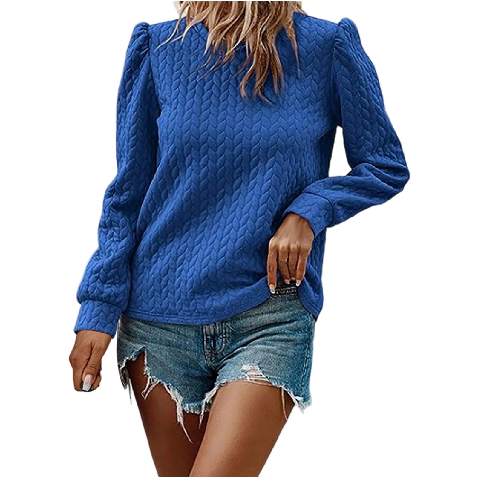 vdgthytj Long Sleeve Tops for Women Crew Neck Cable Texture Blouses ...