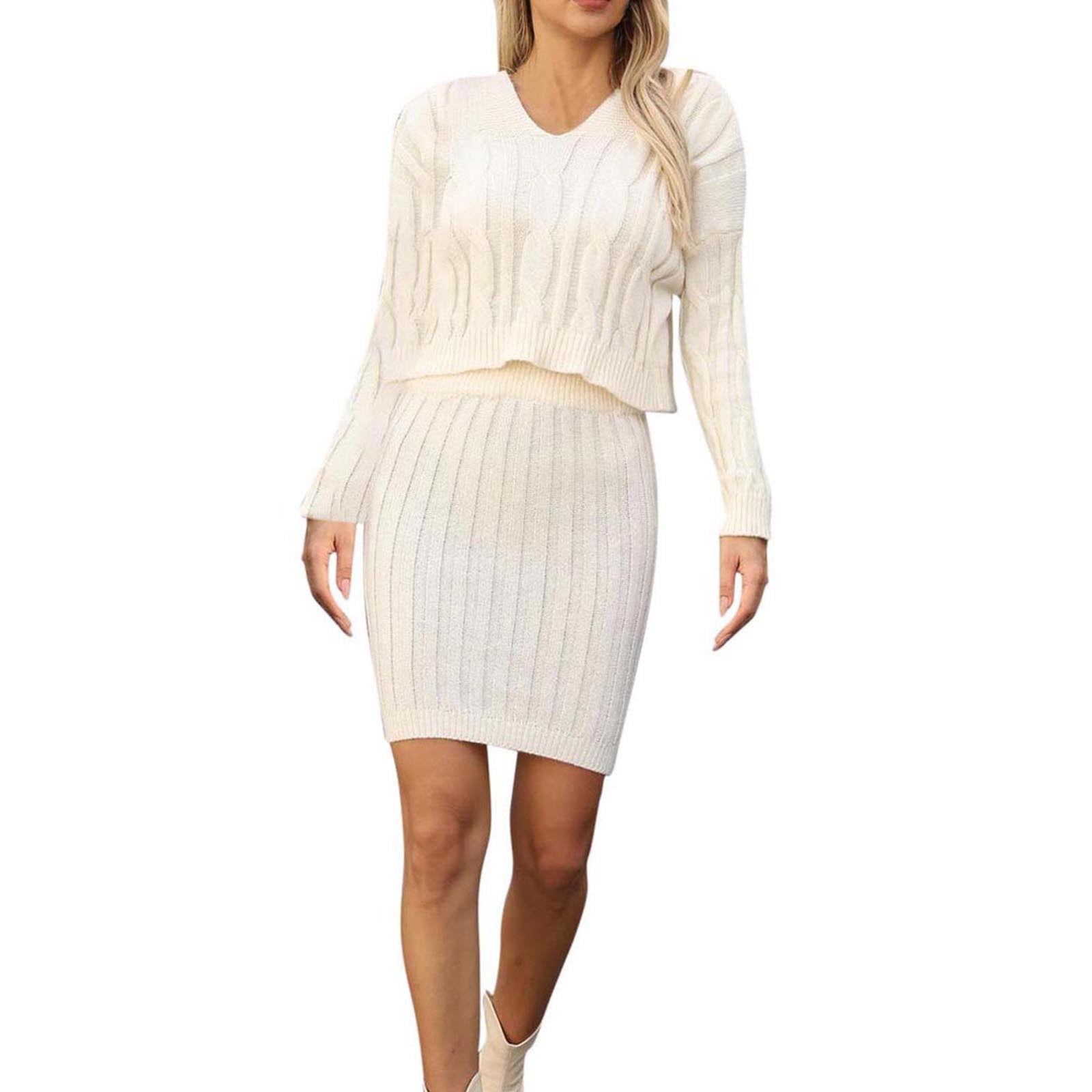 vdgthytj Women 2 Piece Sweater Dress Set V Neck Long Sleeve Hooded ...