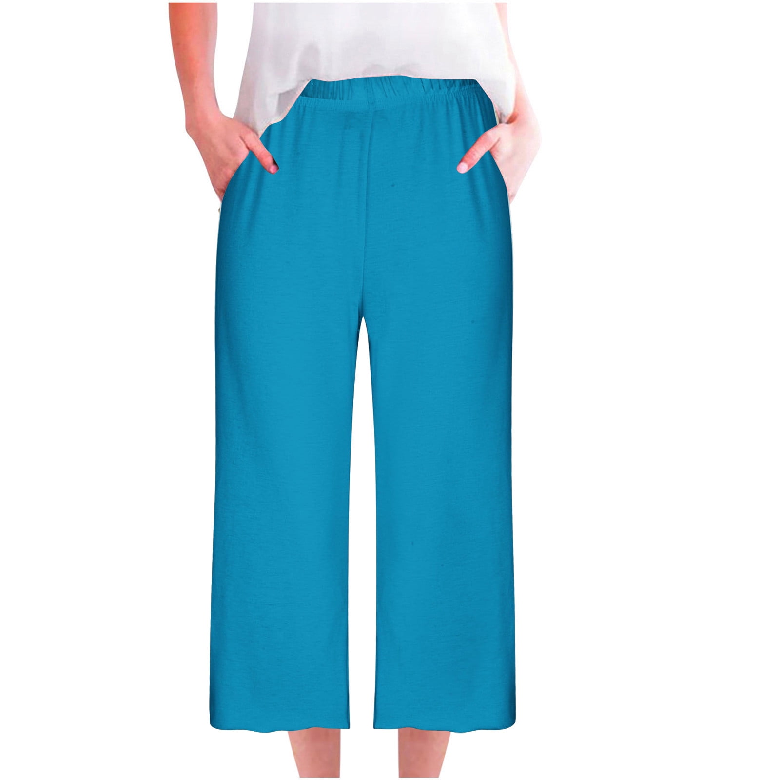 vdgthytj Women's Wide Leg Pants Elastic High Wasited Capris Pants Solid ...