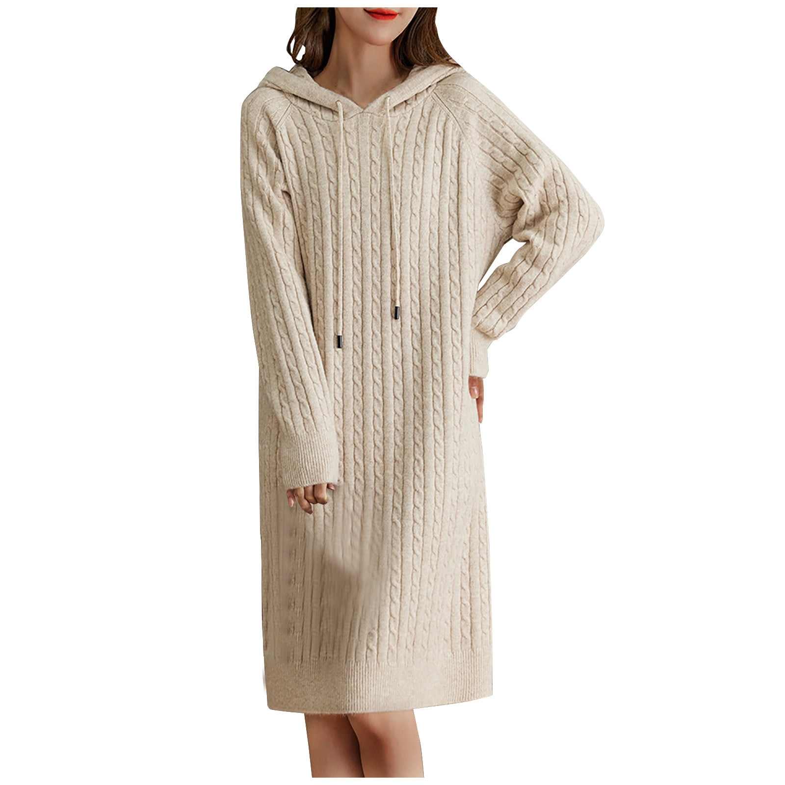 vdgthytj Womens Hooded Dress Long Sleeves Cable Knit Sweater Dress ...