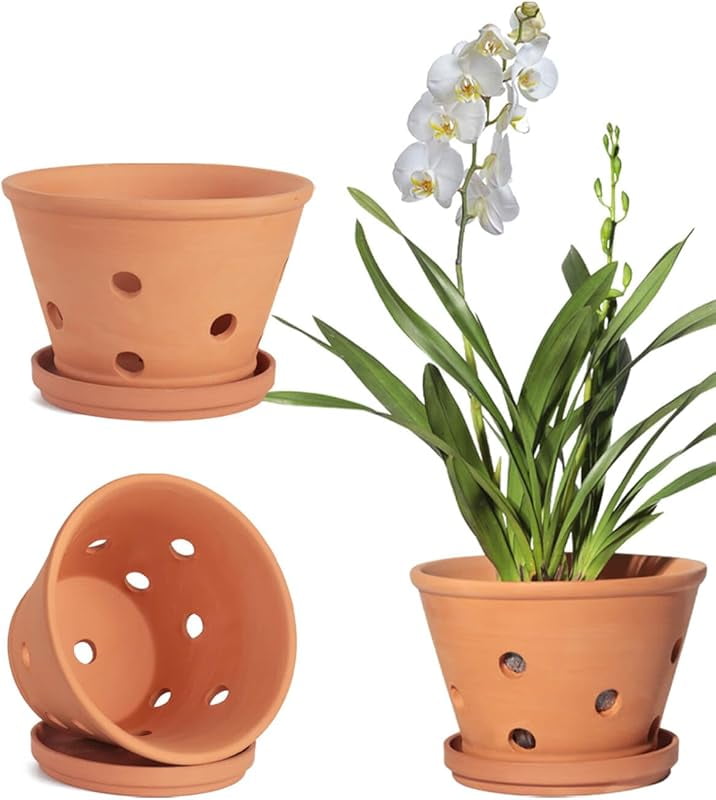 vencive Terracotta Orchid Pots with Holes and Saucers - Clay Orchid ...