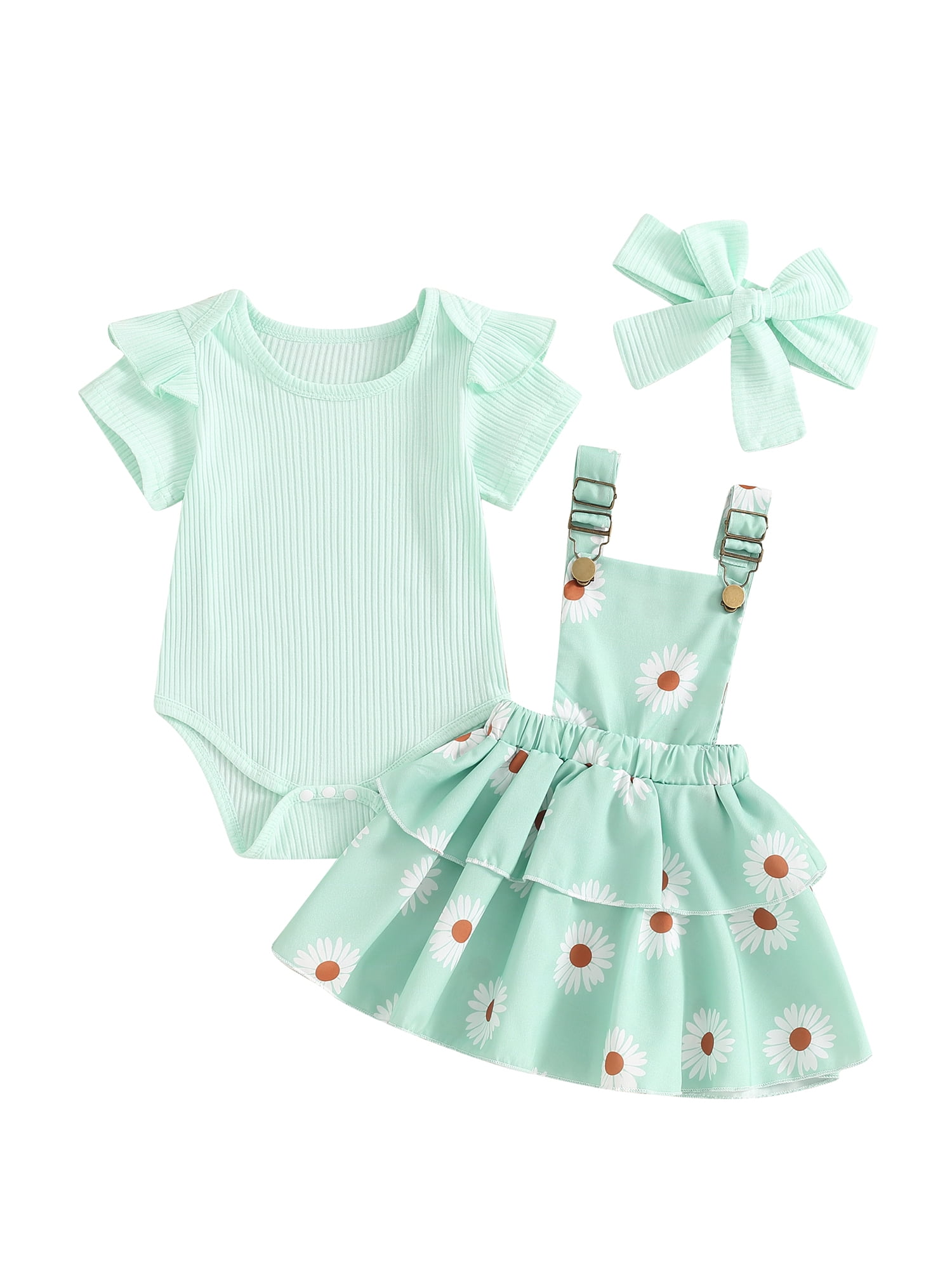 vera natura Baby Girls Spring Outfits Short Sleeve Ribbed Romper ...