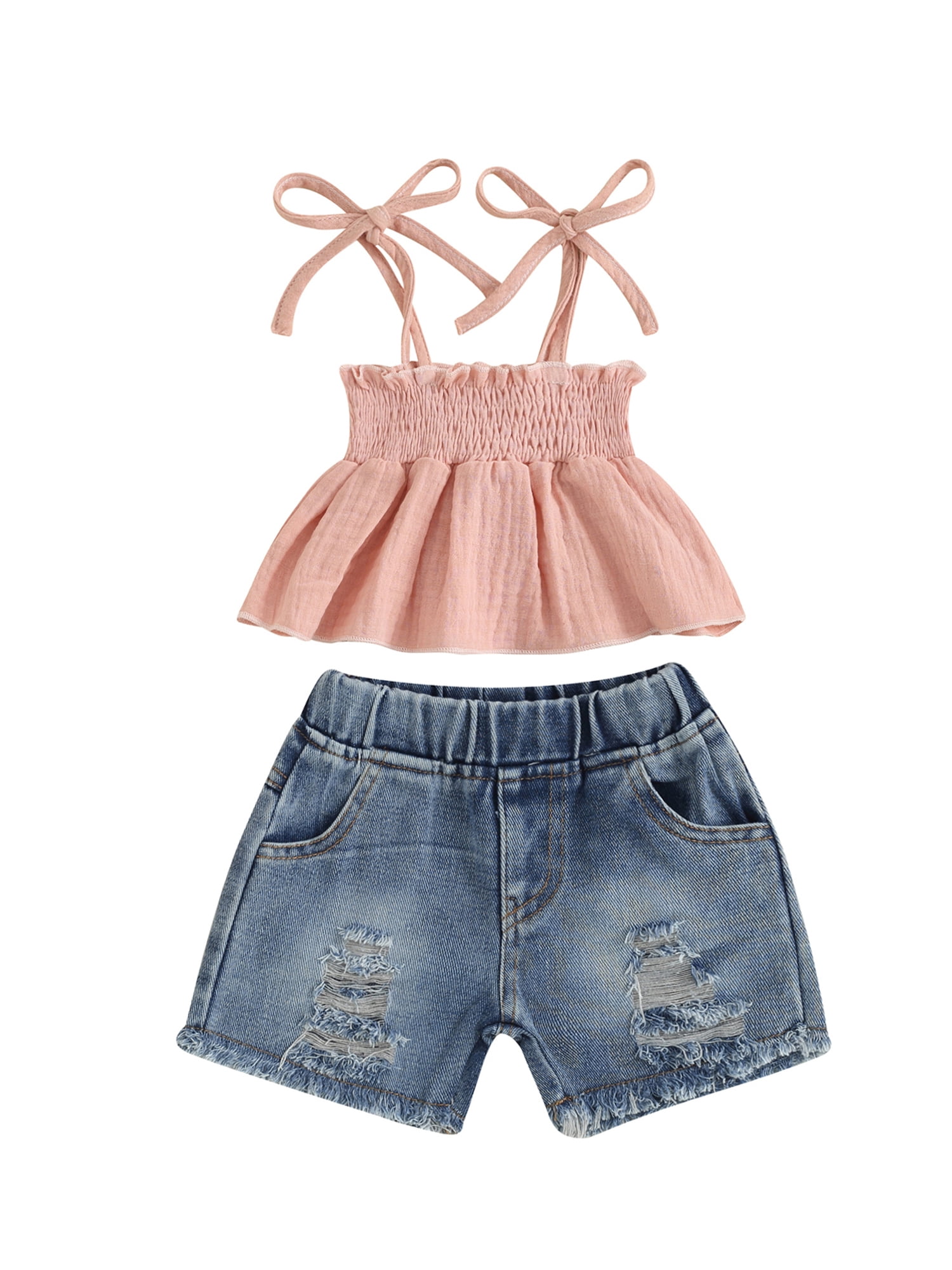 vera natura Kids Girls Shorts Set, Tie-up Pleated Camisole with Ripped ...