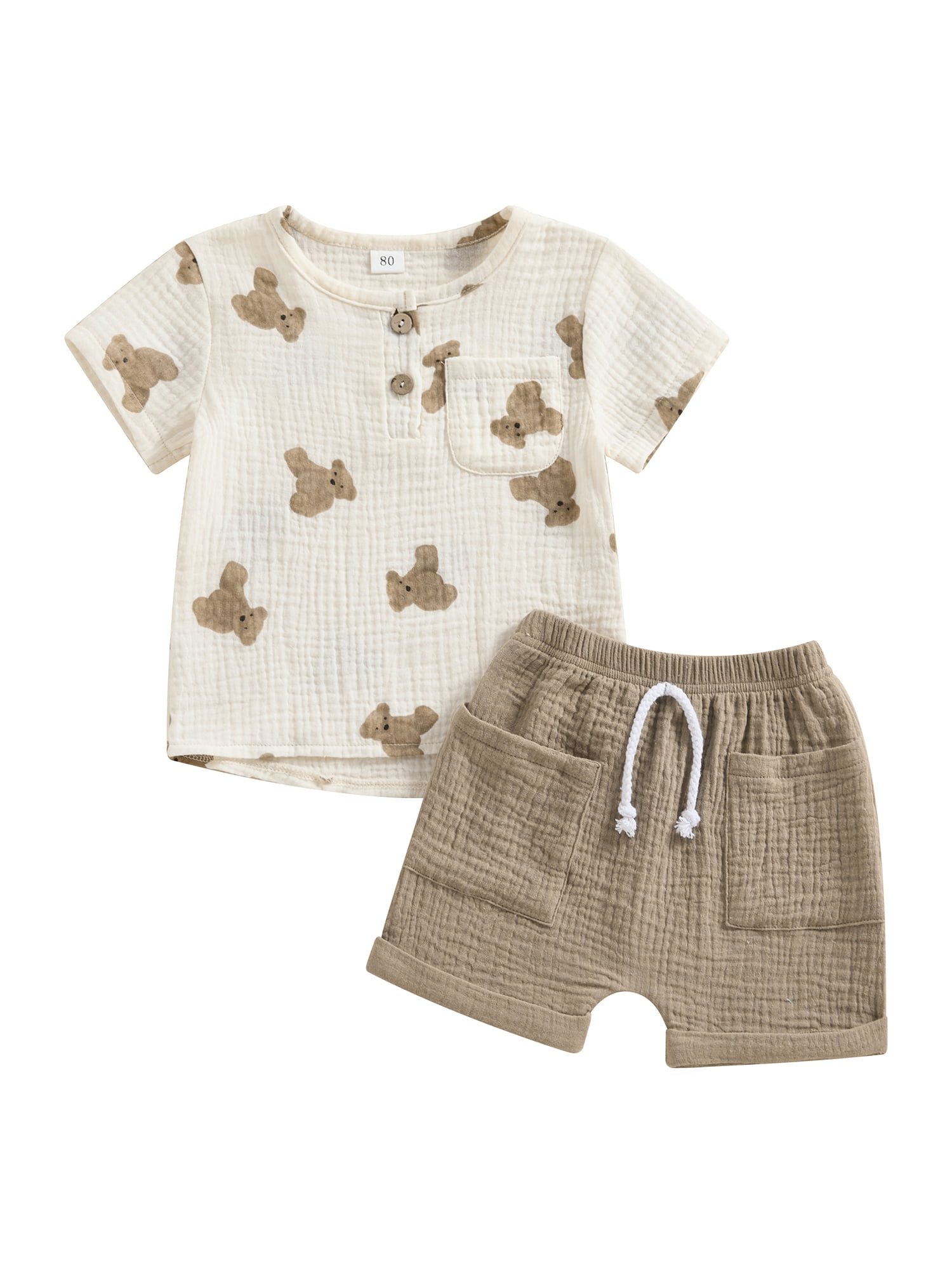 vera natura Toddler Boy Summer Outfit Bear Print Short Sleeve Pocket ...