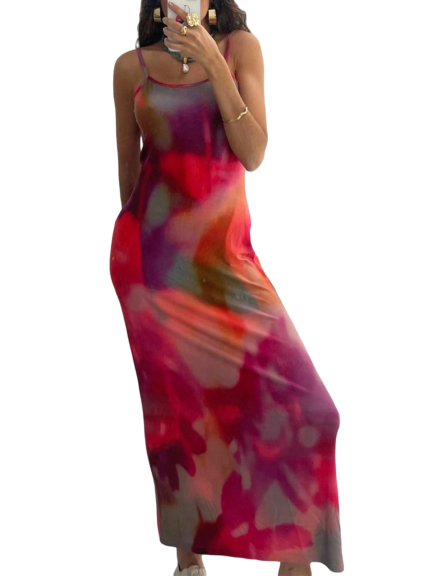 vera natura Women Slip Sleeveless Dress Summer Tie-Dye Floral Print ...