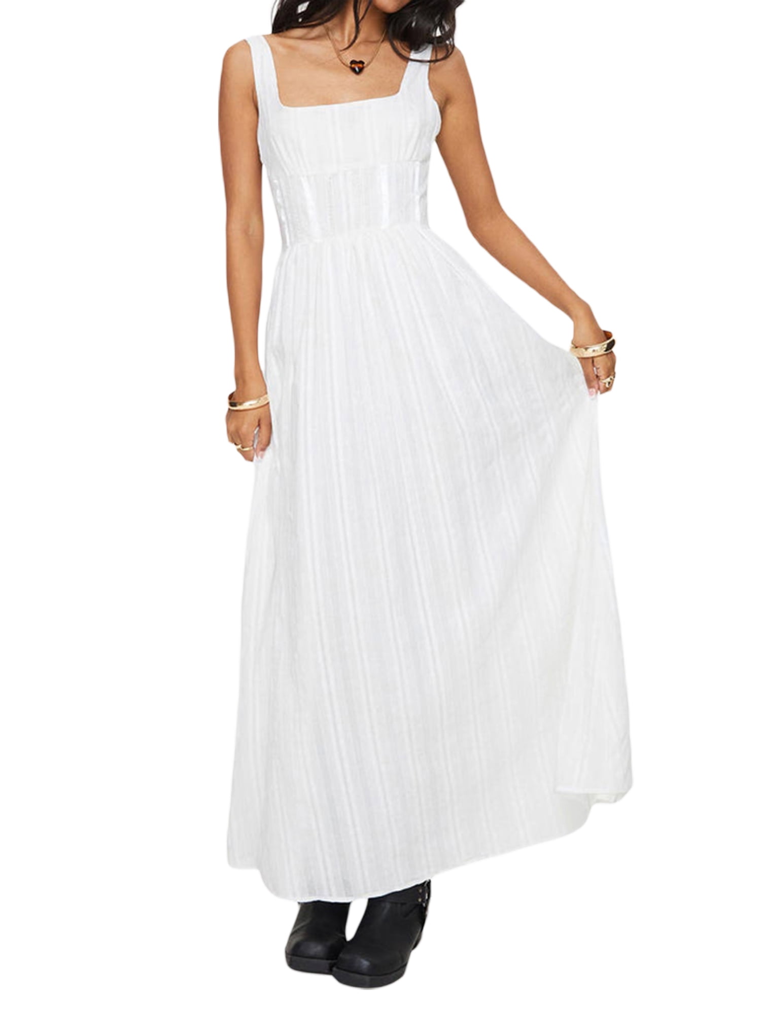 vera natura Women’s Sleeveless Long Dress Square Neck Smock Waist Side ...