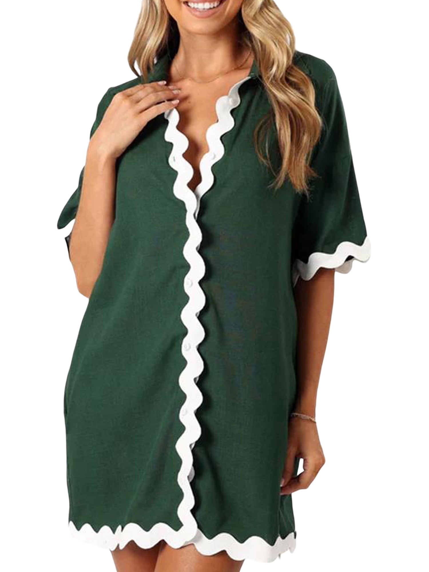 vera natura Women's Summer Shirt Dress Contrast Trim Ric Rac Short ...